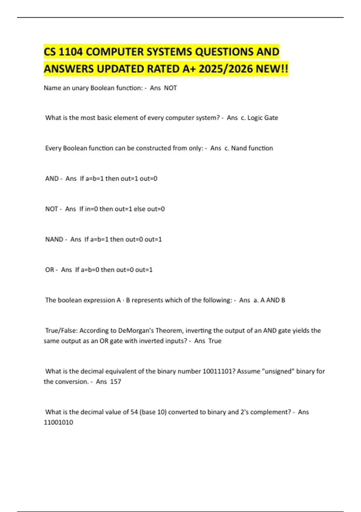 CS 1104 COMPUTER SYSTEMS QUESTIONS AND ANSWERS UPDATED RATED A+ 2025/ ...