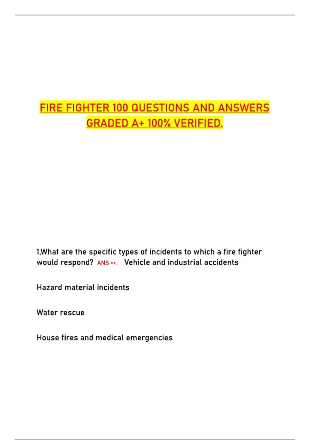 Firefighter 100 Questions and Answers | 100% Verified A+ Study Guide ...