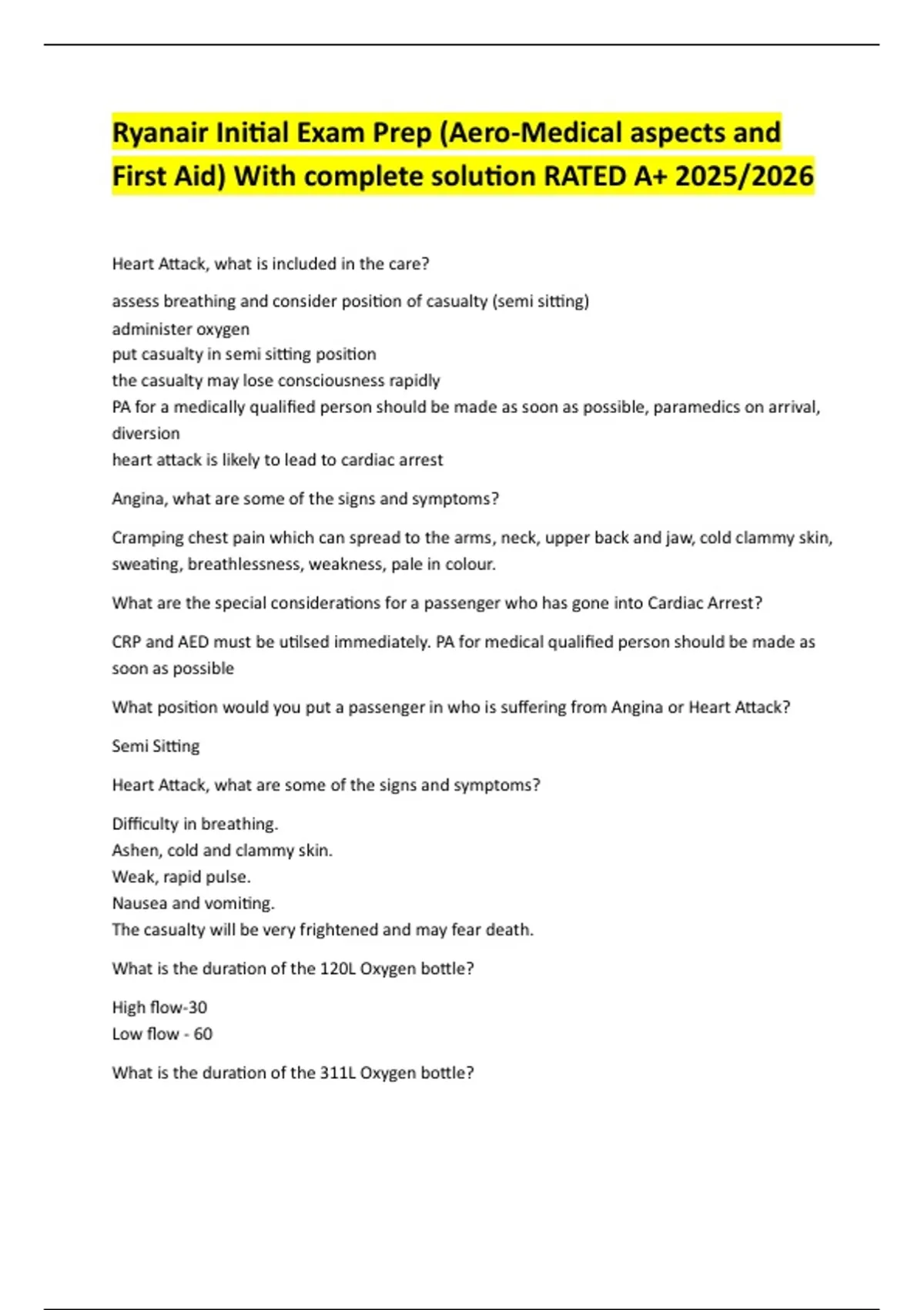 Ryanair Initial Exam Prep (Aero-Medical aspects and First Aid) With complete solution RATED A+ ...