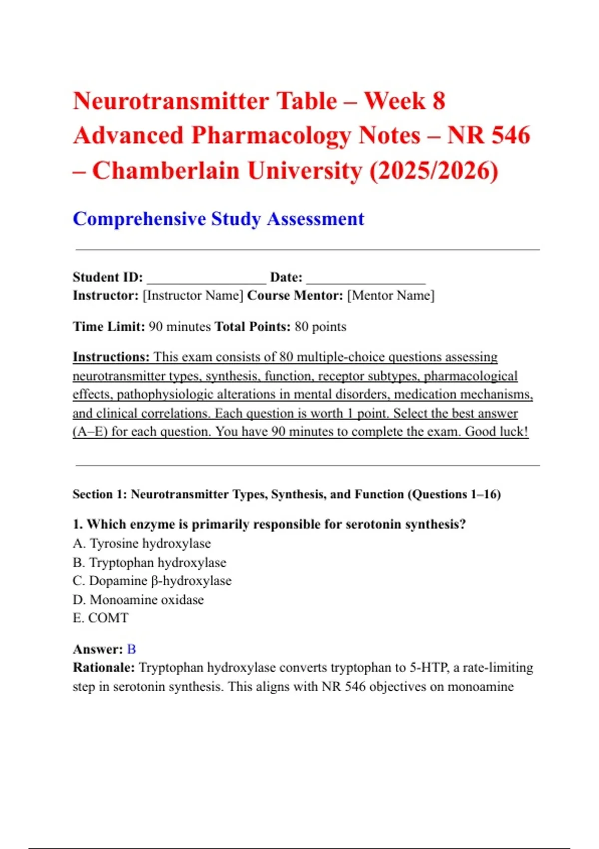 Neurotransmitter Table – Week 8 Advanced Pharmacology Notes – NR 546 ...