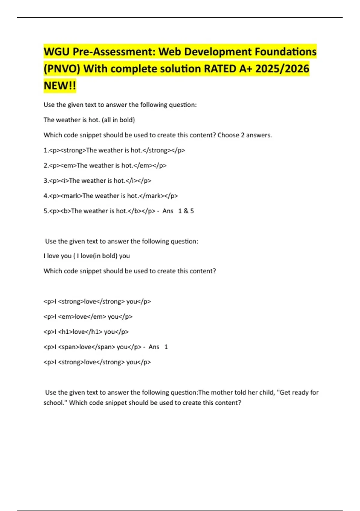 WGU Pre-Assessment: Web Development Foundations (PNVO) With complete ...