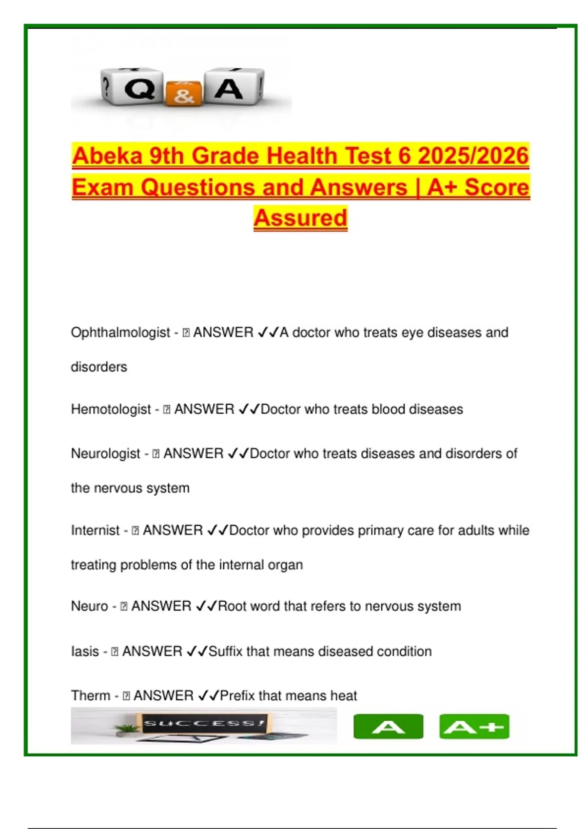 Abeka Health 9 | Test 6 – 2025/2026 | 70+ Solved Questions | Body ...