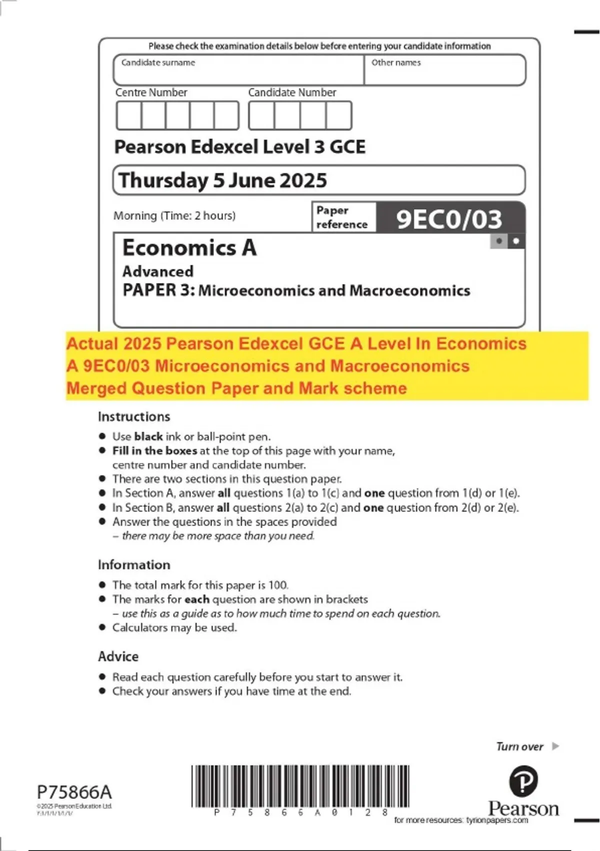 Actual 2025 Pearson Edexcel GCE A Level In Economics A 9EC0/03 ...
