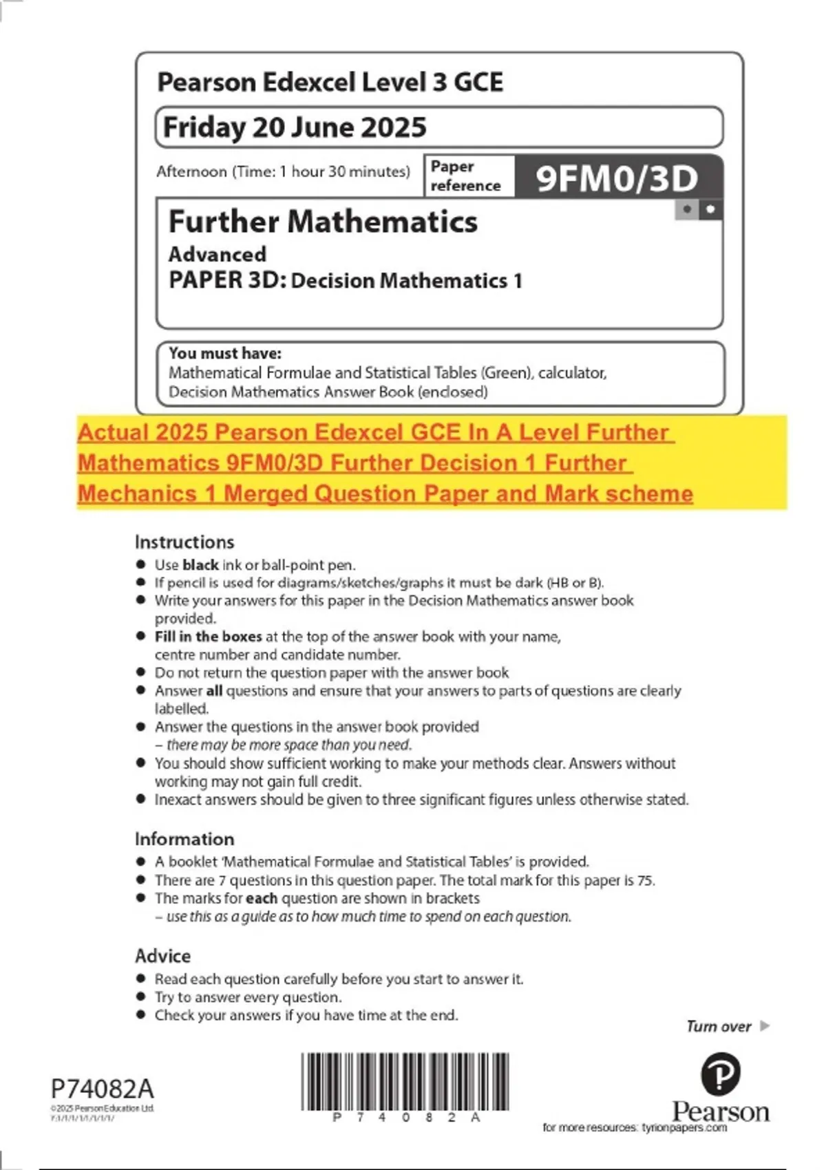 Actual 2025 Pearson Edexcel GCE In A Level Further Mathematics 9FM0/3D Further Decision 1 ...