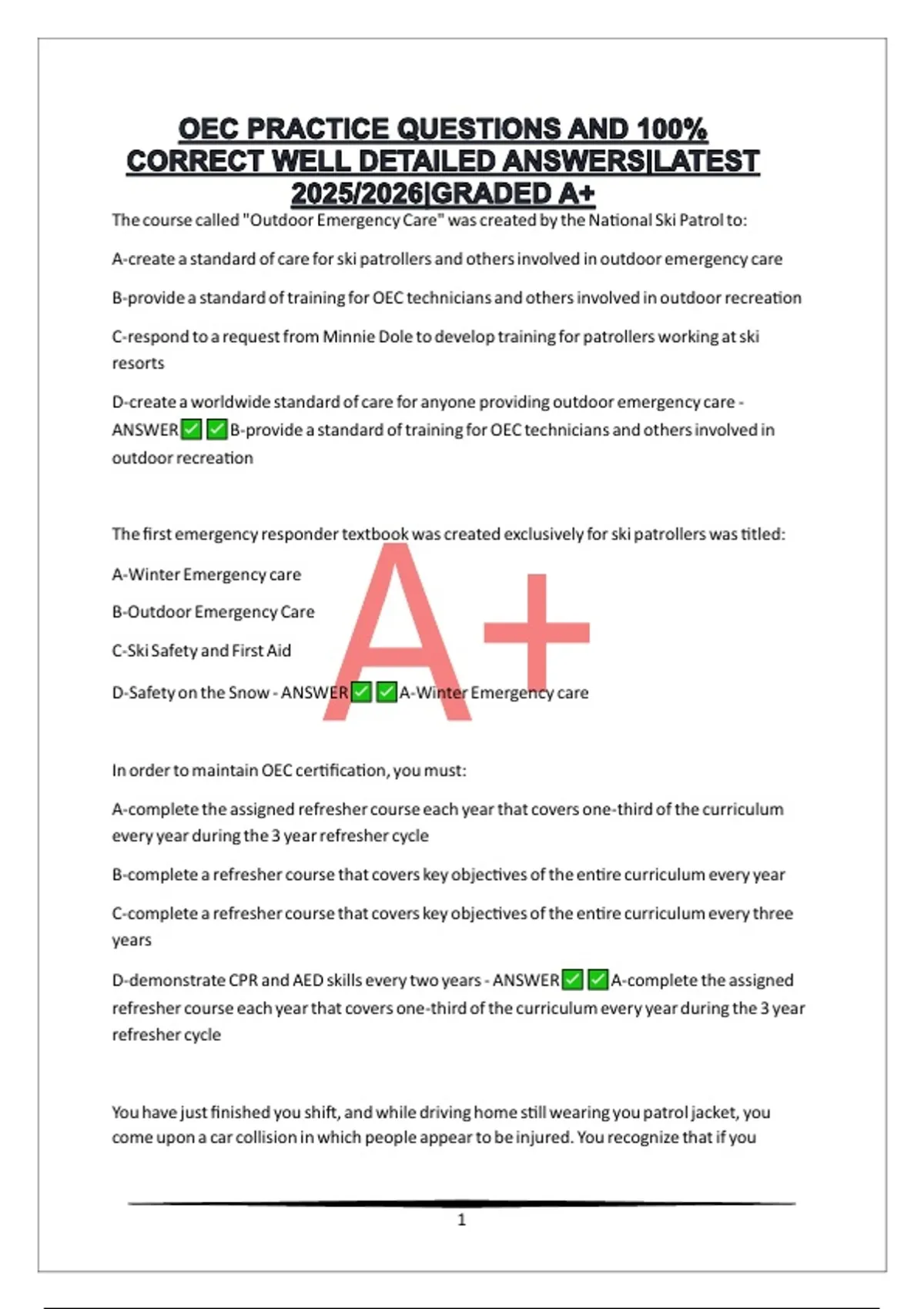 OEC PRACTICE QUESTIONS AND 100% CORRECT WELL DETAILED ANSWERS|LATEST ...