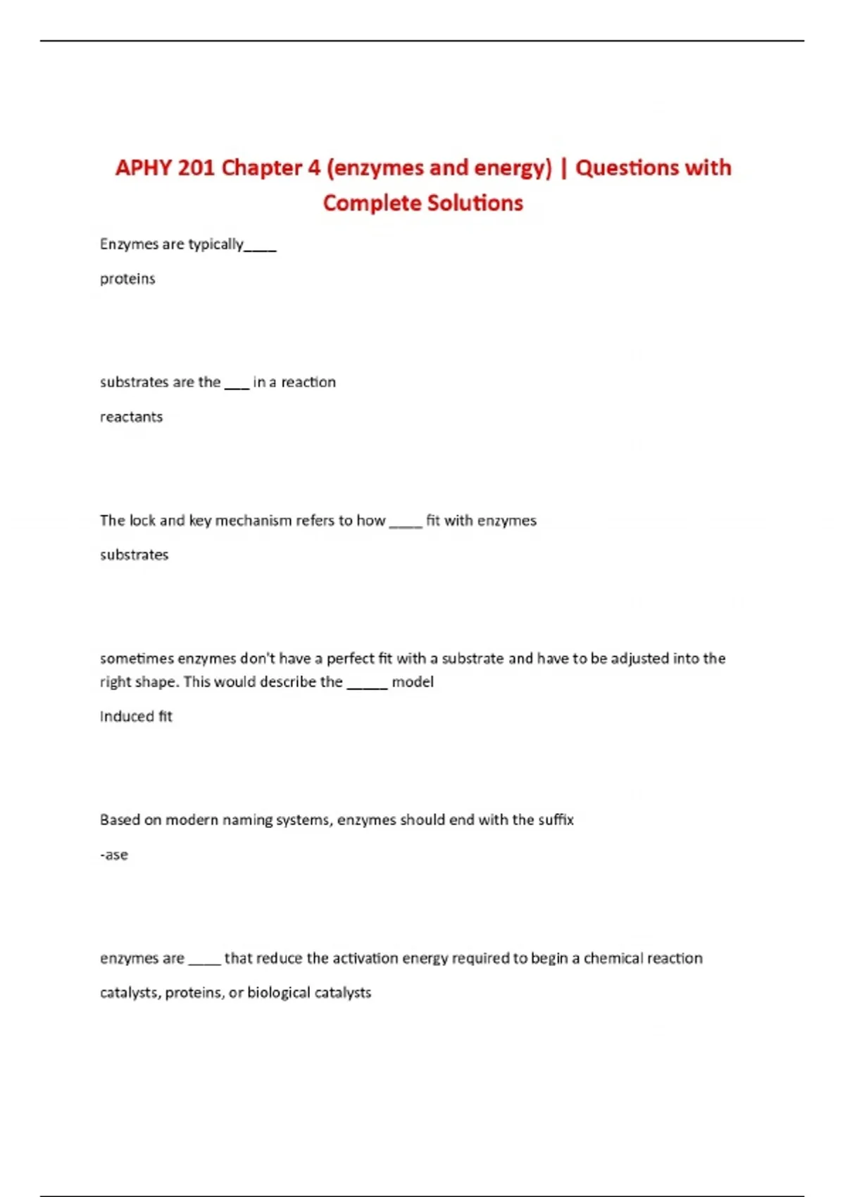 APHY 201 Chapter 4 (enzymes and energy) | Questions with Complete ...