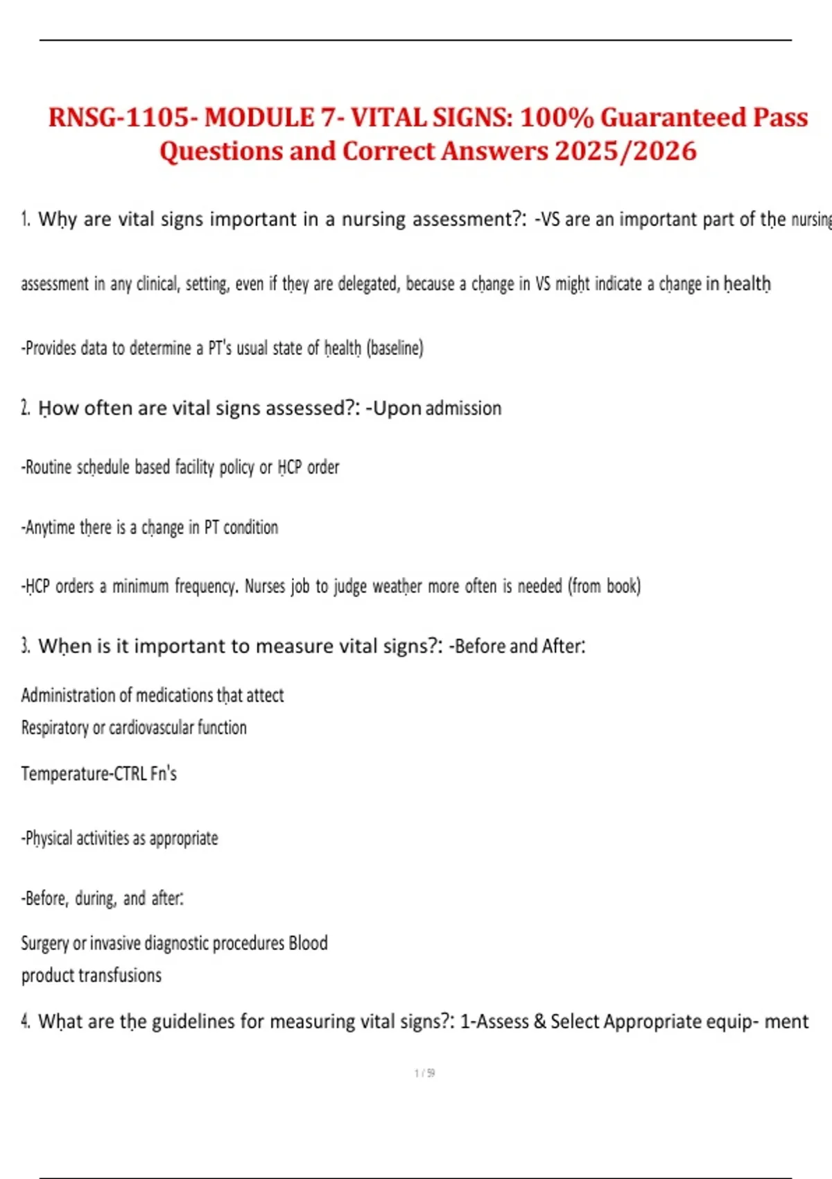 RNSG 1105 – Module 7 Vital Signs: 100% Guaranteed Pass Questions and ...
