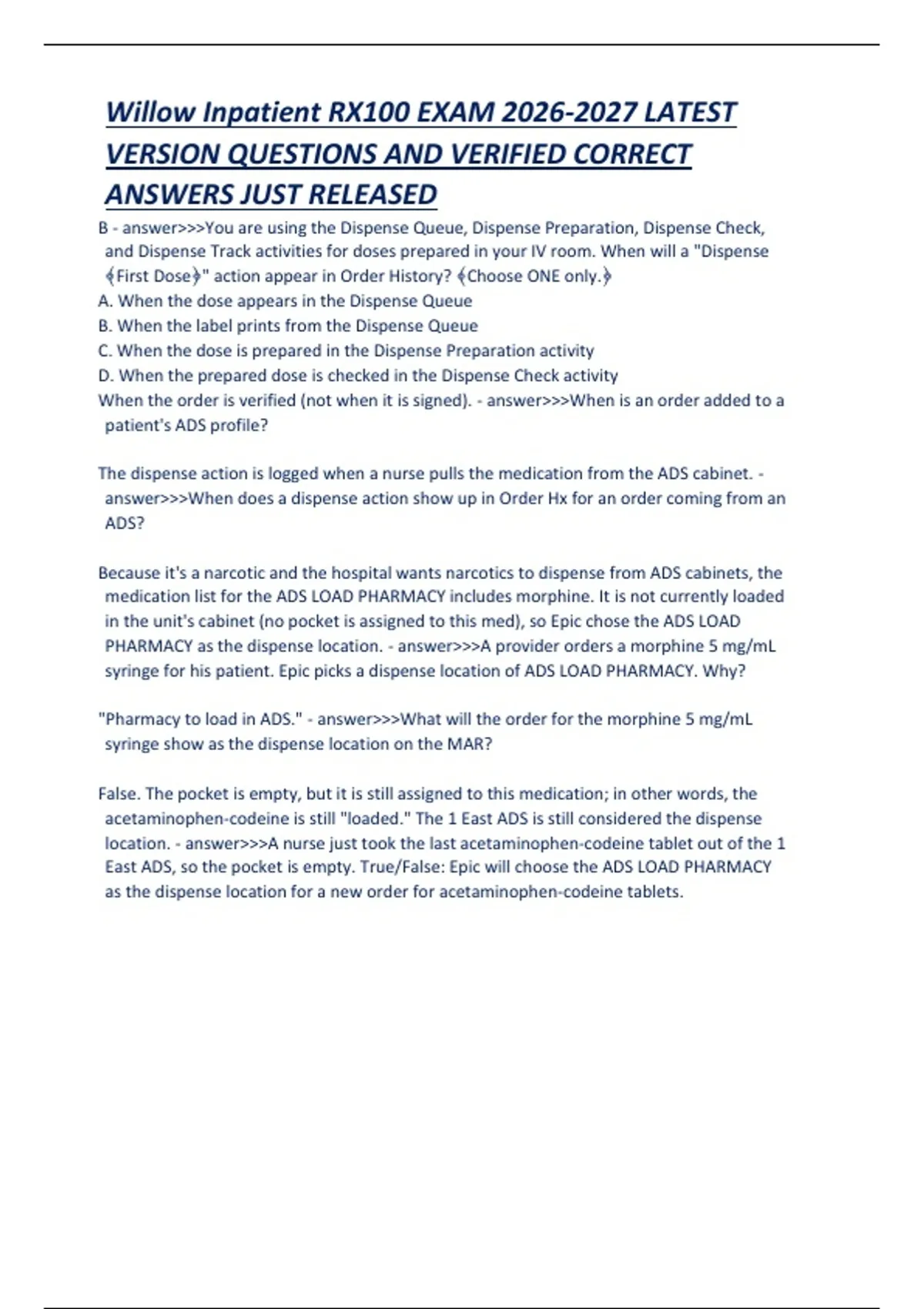 Willow Inpatient RX100 pharmacy workflows EXAM LATEST VERSION QUESTIONS ...
