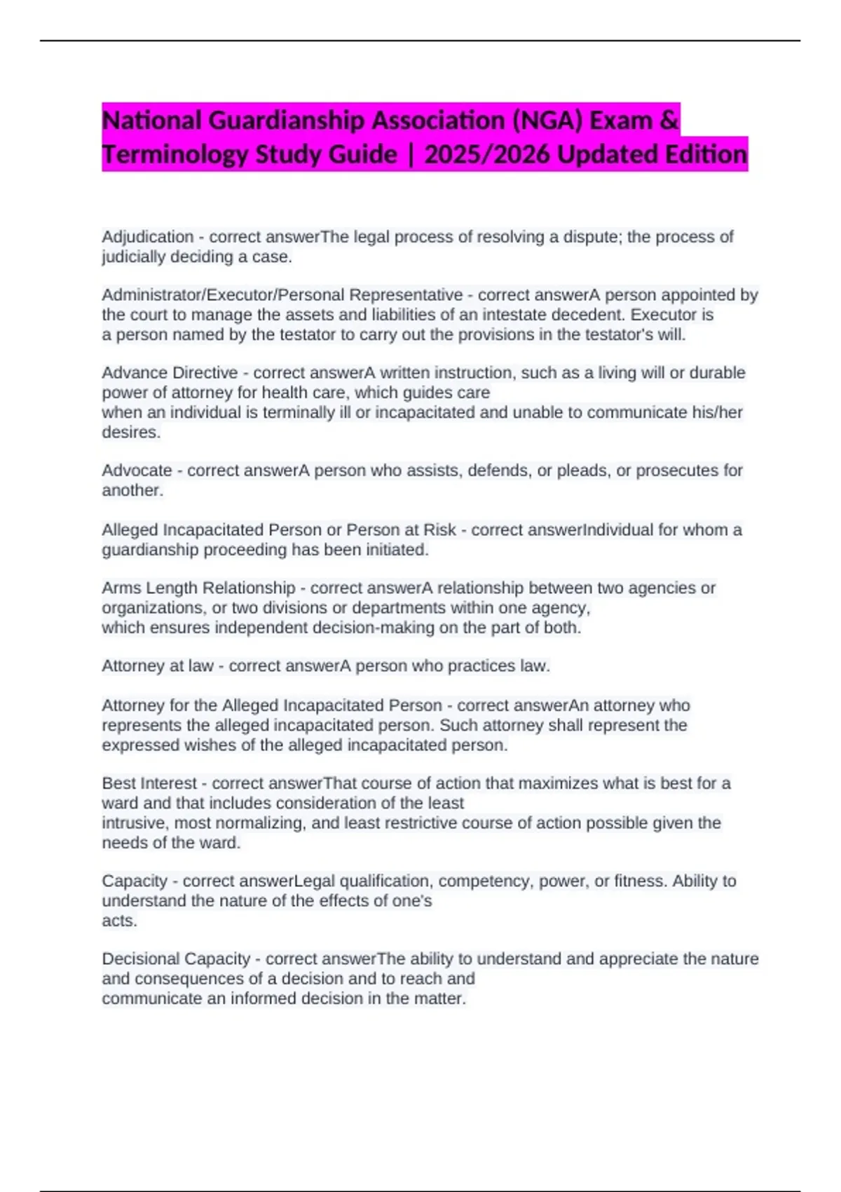 National Guardianship Association (NGA) Exam & Terminology Study Guide ...