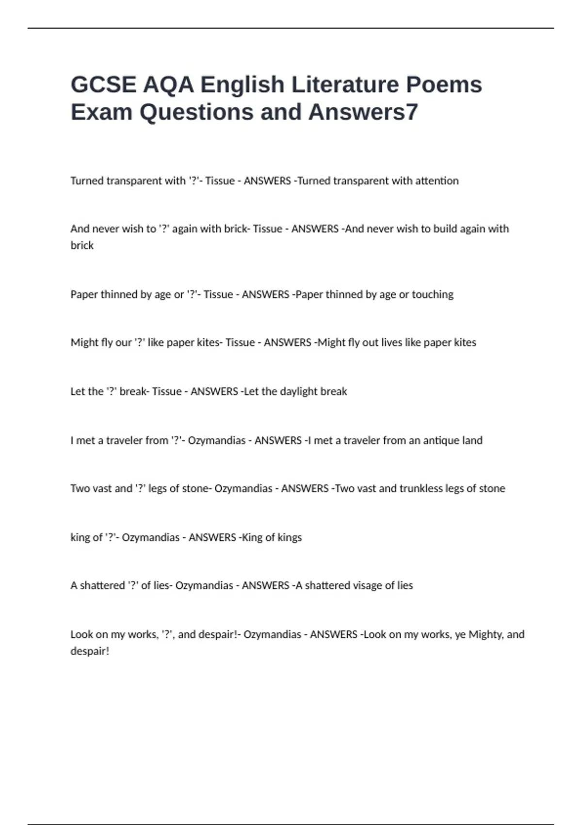 GCSE AQA English Literature Poems Exam Questions and Answers - GCSE AQA ...