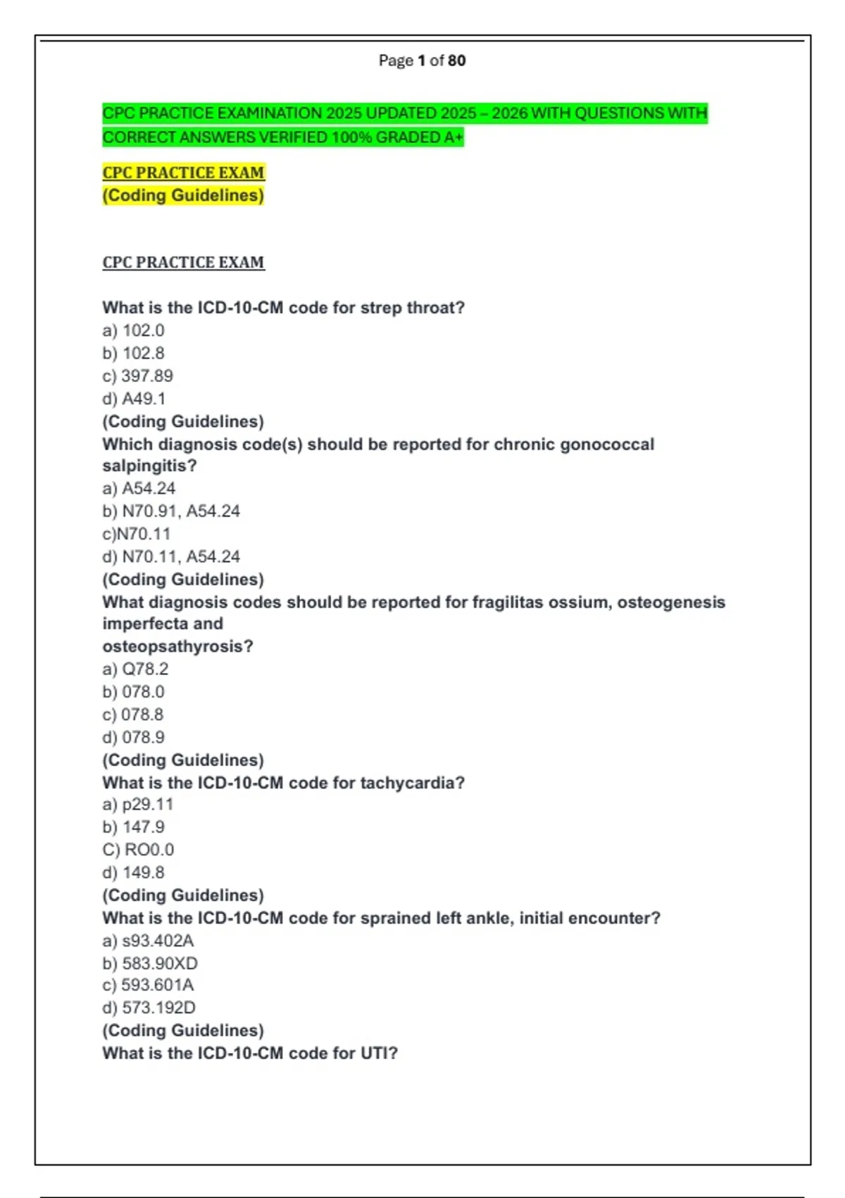 CPC PRACTICE EXAMINATION 2025 UPDATED 2025 – 2026 WITH QUESTIONS WITH ...