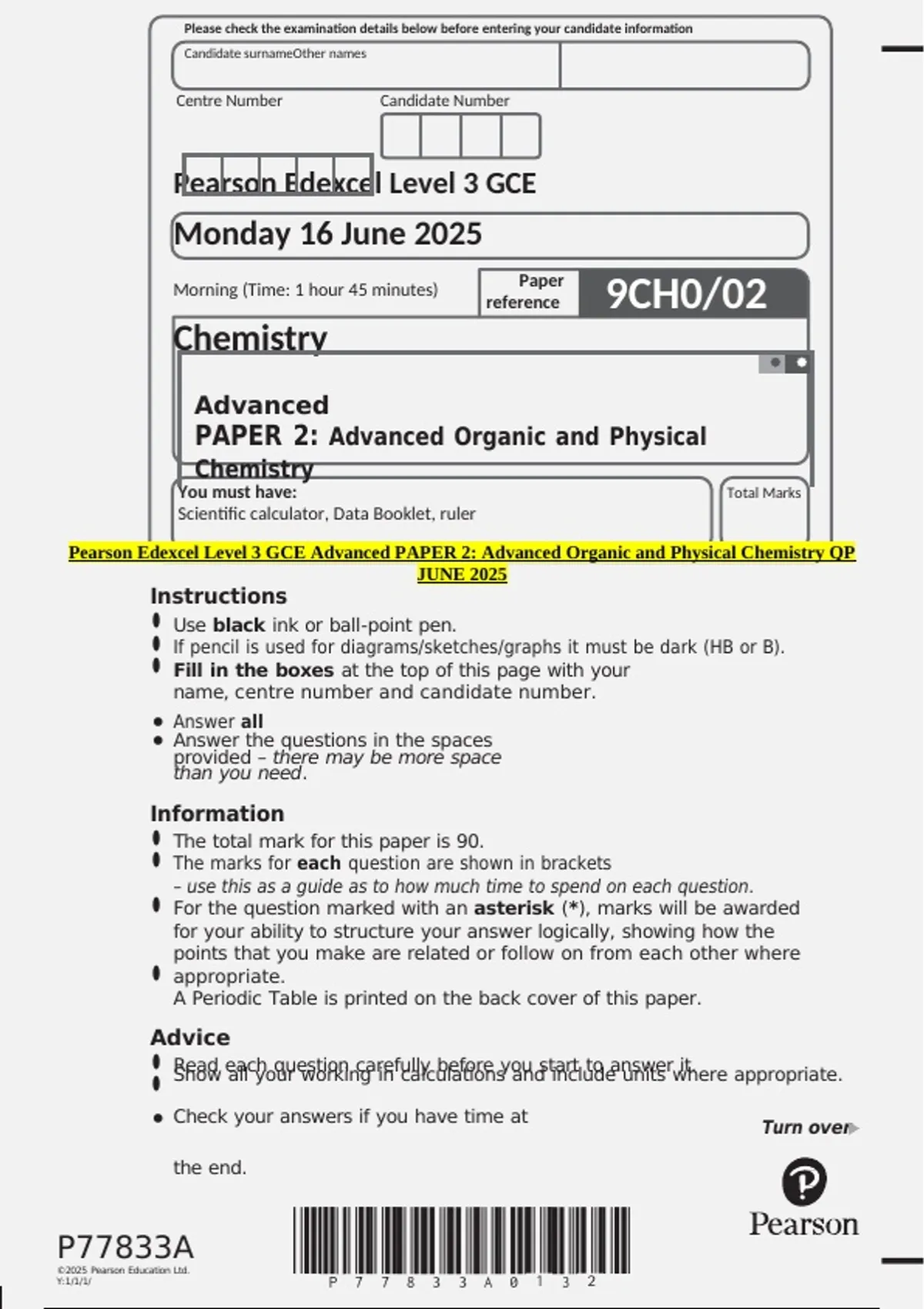 Pearson Edexcel Level 3 GCE Advanced PAPER 2: Advanced Organic and ...