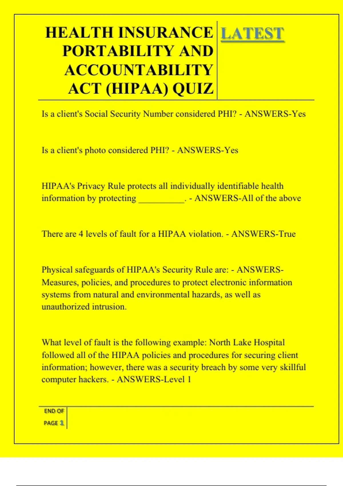 HEALTH INSURANCE PORTABILITY AND ACCOUNTABILITY ACT (HIPAA) QUIZ ...