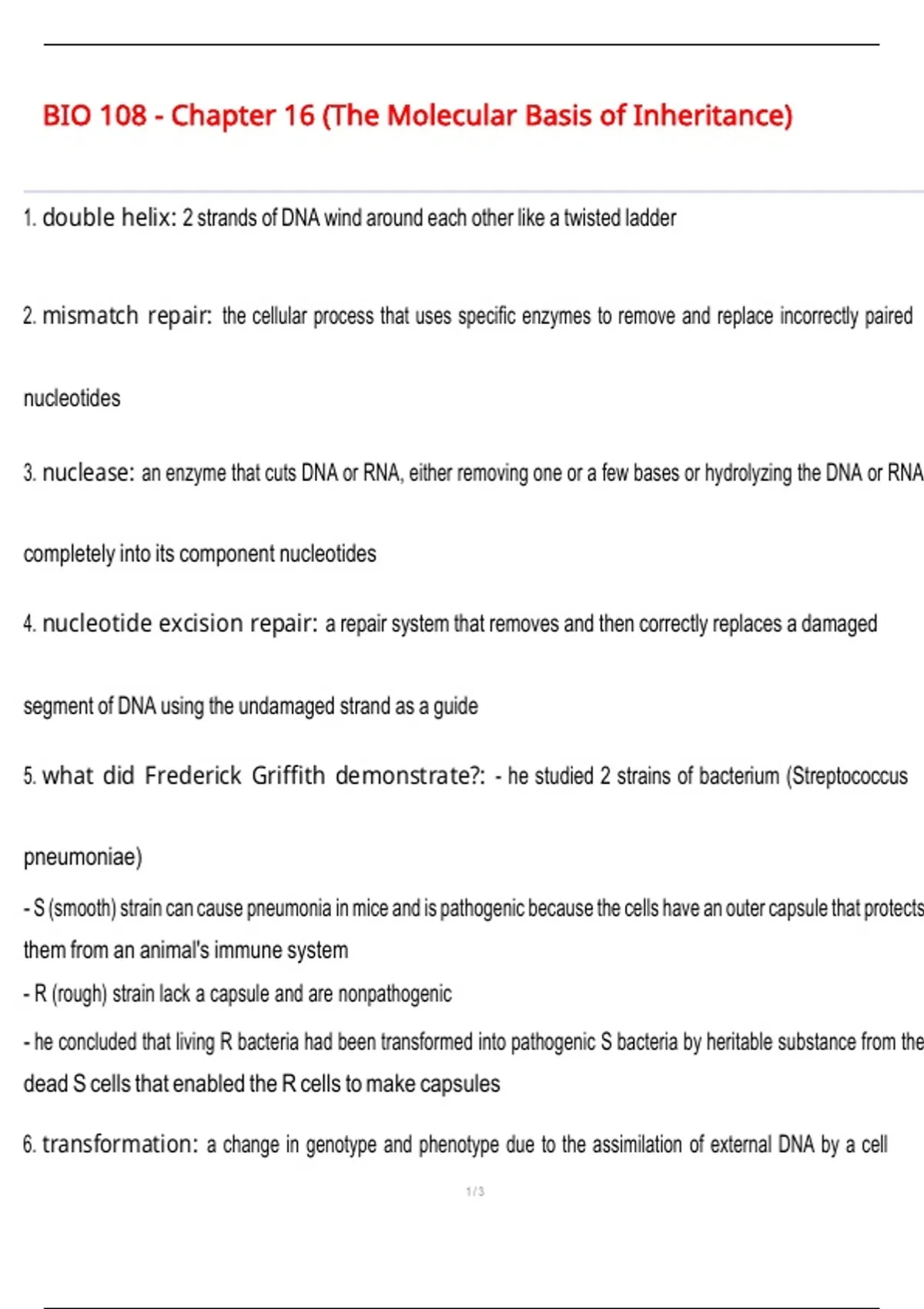 BIO 108 - Chapter 16 (The Molecular Basis of Inheritance) Questions ...