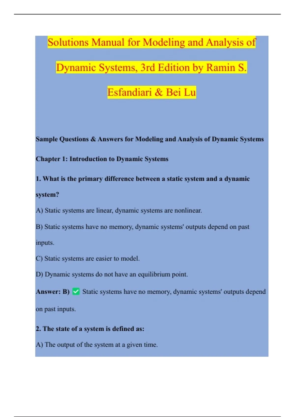 Solutions Manual for Modeling and Analysis of Dynamic Systems, 3rd ...