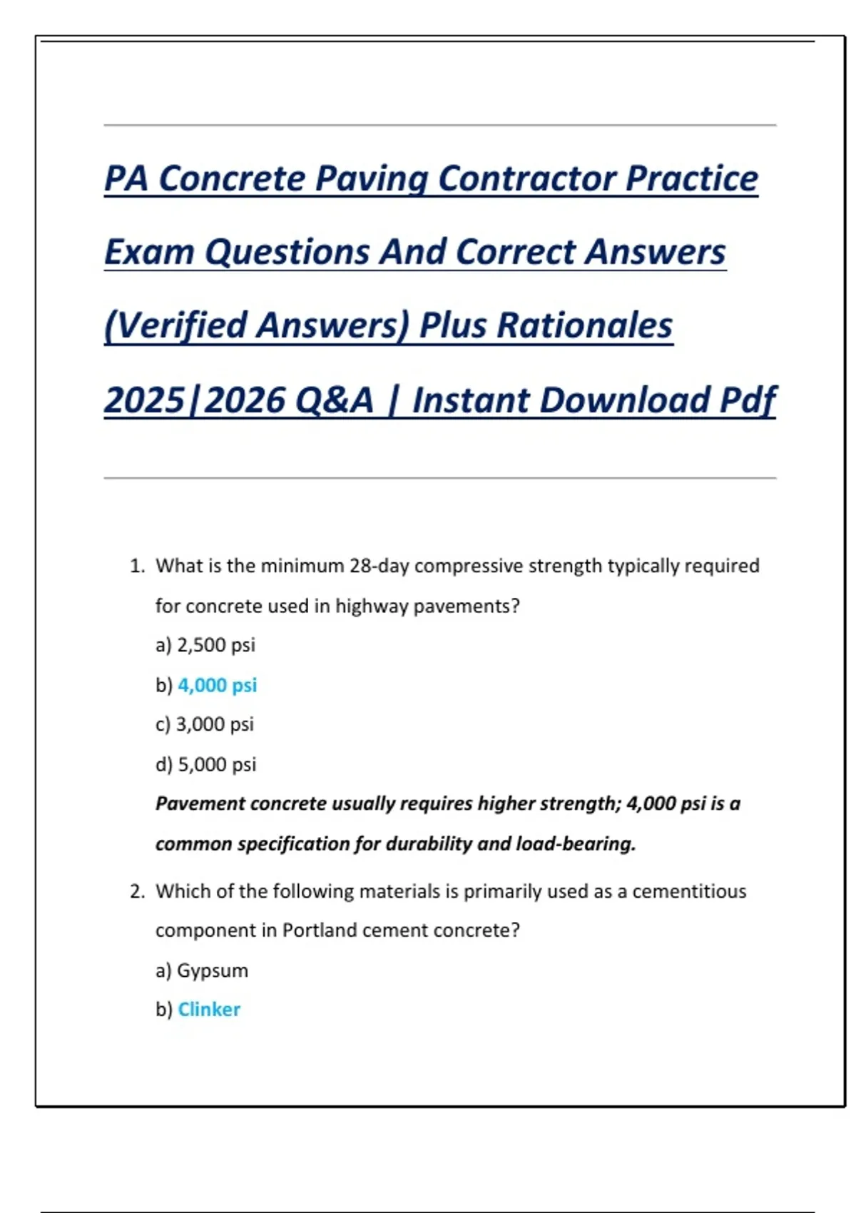 PA Concrete Paving Contractor Practice Exam Questions And Correct Answers (Verified Answers ...