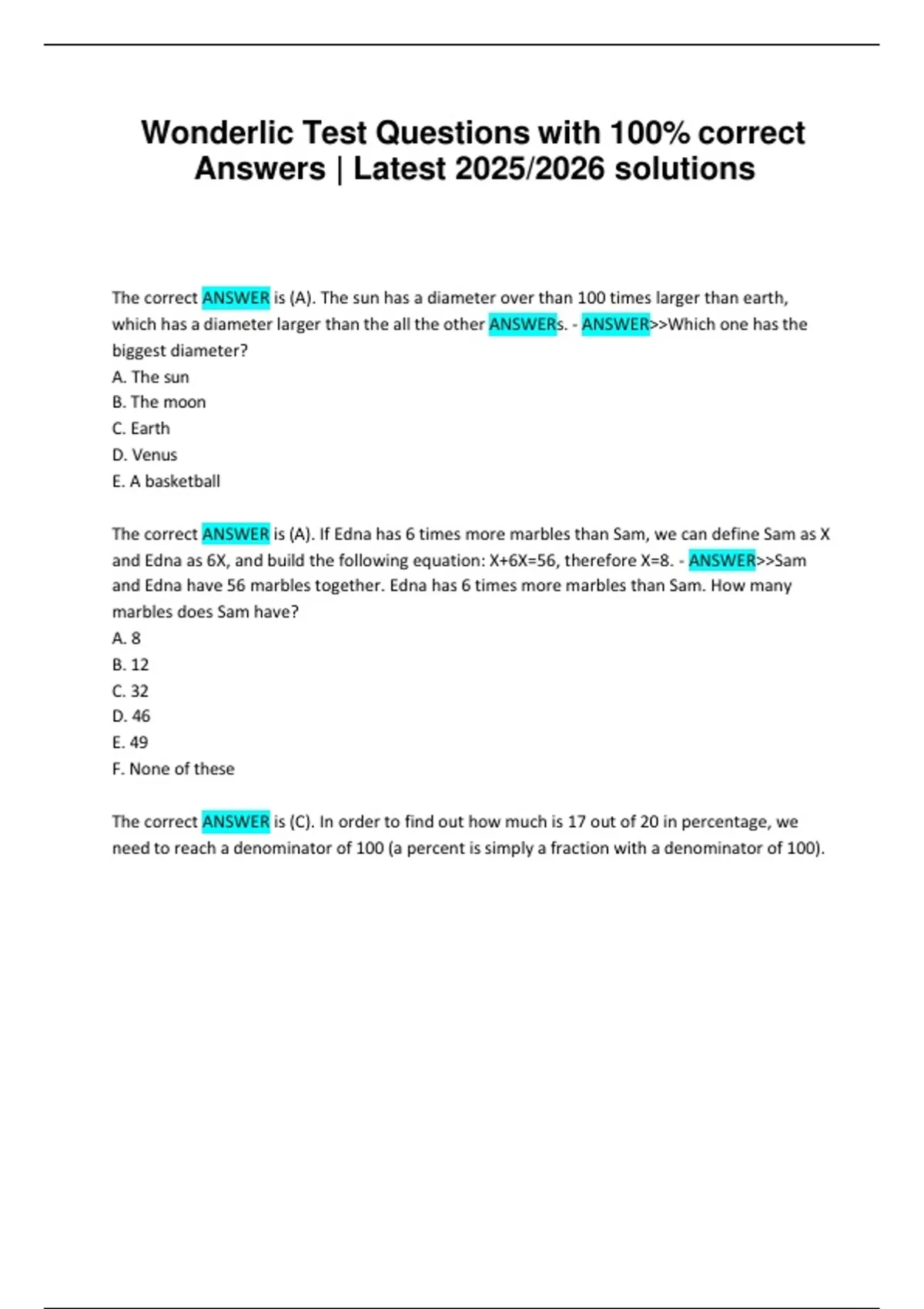 Wonderlic Test Questions with 100% correct Answers | Latest 2025/2026 ...