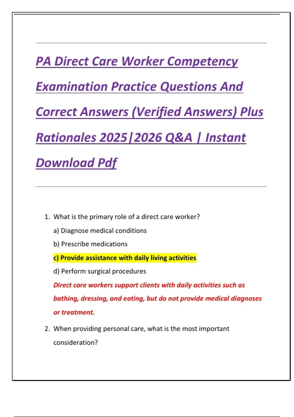 PA Direct Care Worker Competency Examination Practice Questions And ...