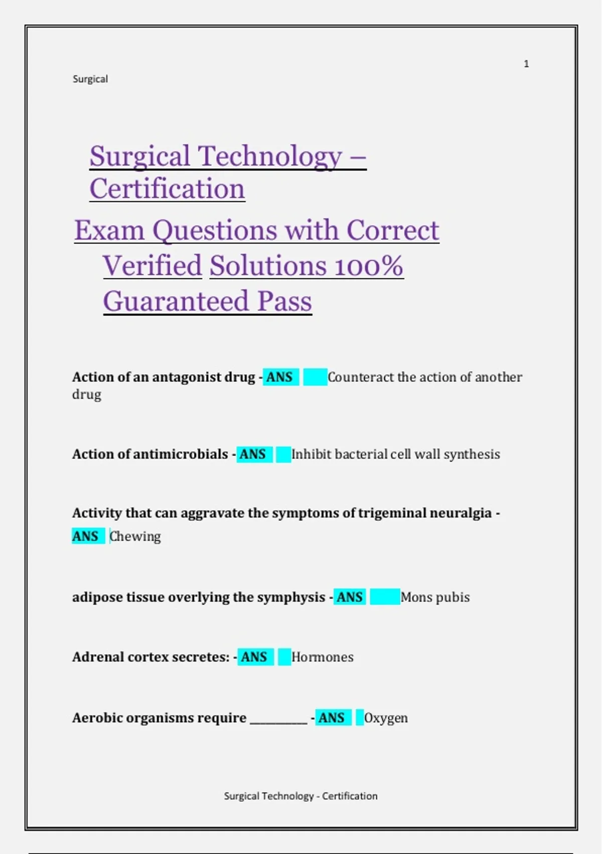 Surgical Technology – Certification Exam Questions with Correct ...