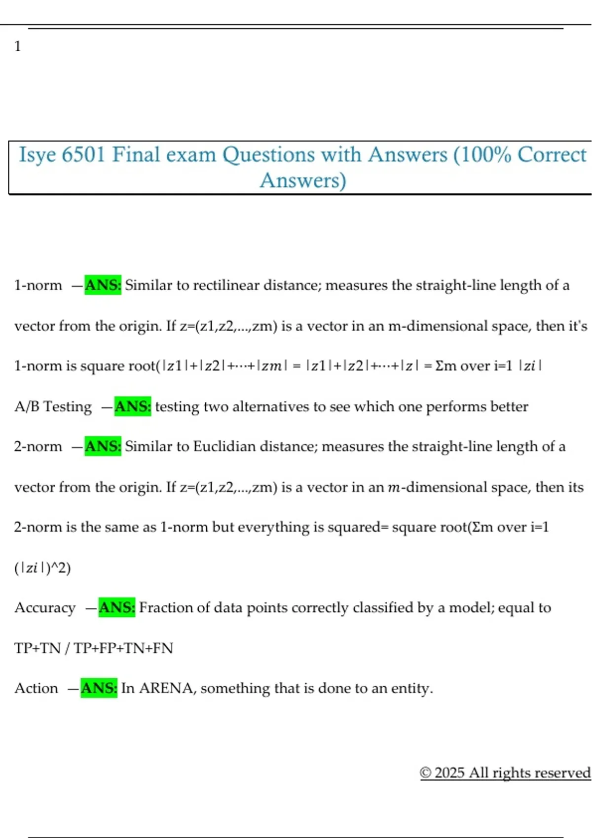 Isye 6501 Final exam Questions with Answers (100% Correct Answers ...