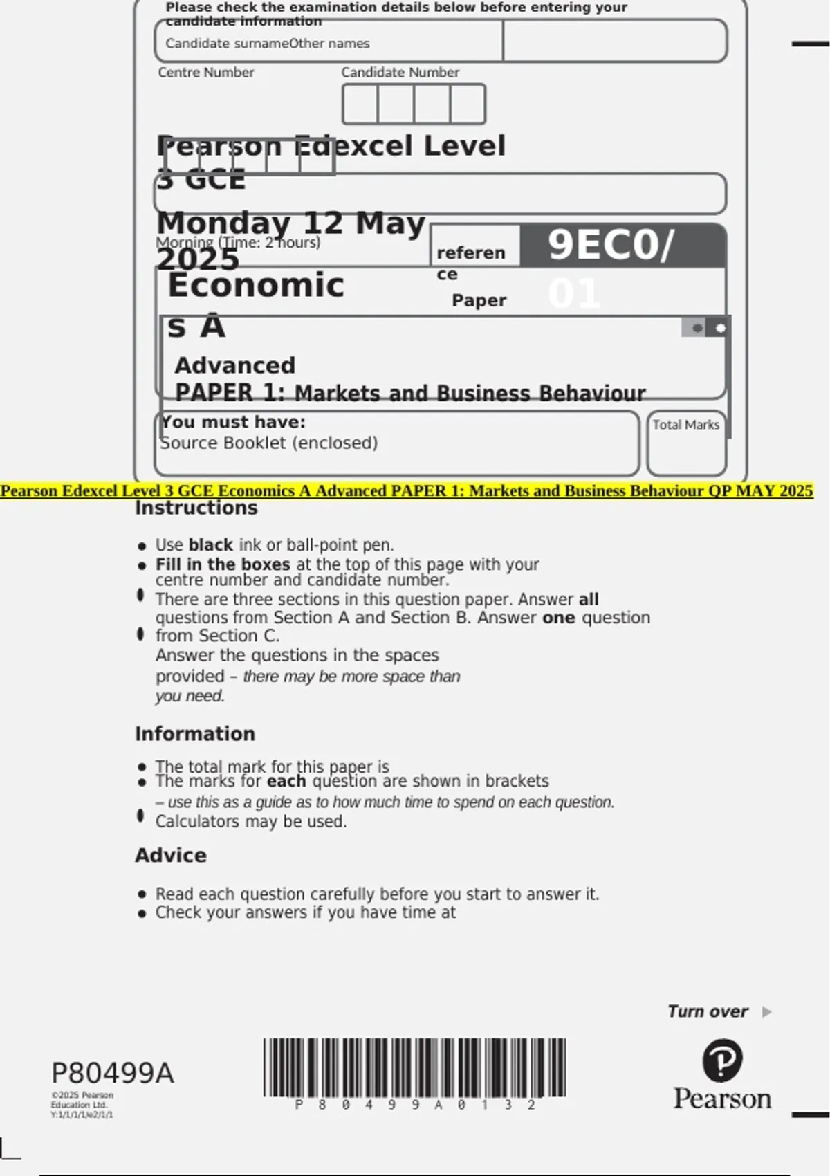 Pearson Edexcel Level 3 GCE Economics A Advanced PAPER 1: Markets and ...