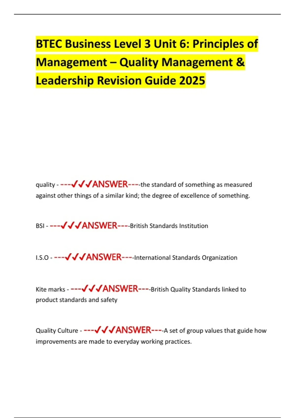 BTEC Business Level 3 Unit 6: Principles of Management – Quality ...