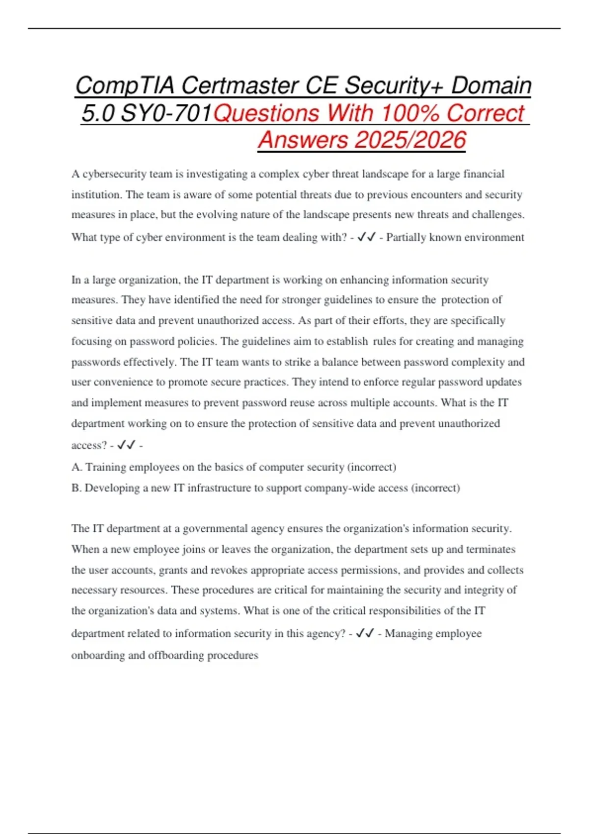 CompTIA Certmaster CE Security+ Domain 5.0 SY0-701Questions With 100% ...