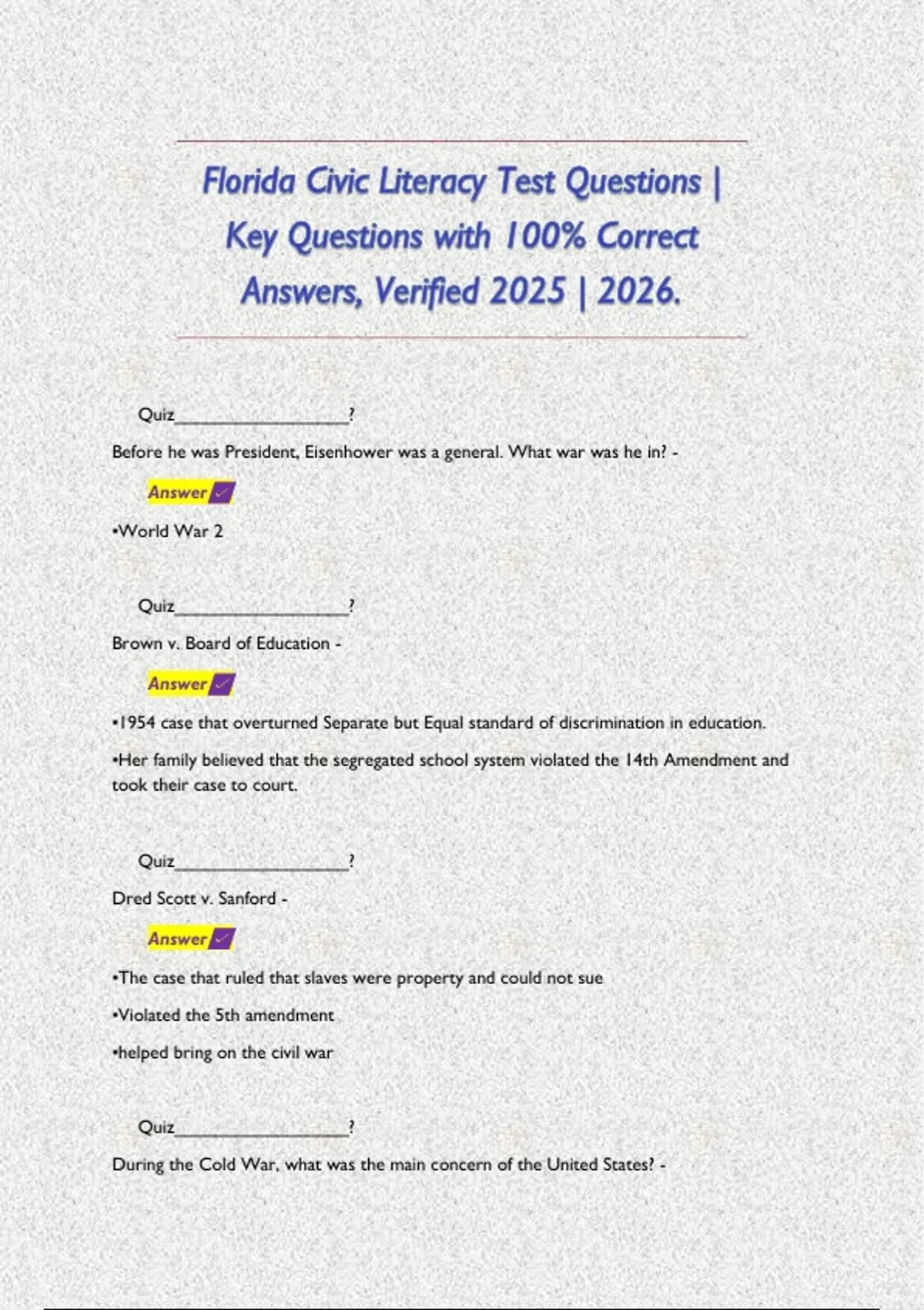 Florida Civic Literacy Test Questions | Key Questions with 100% Correct ...