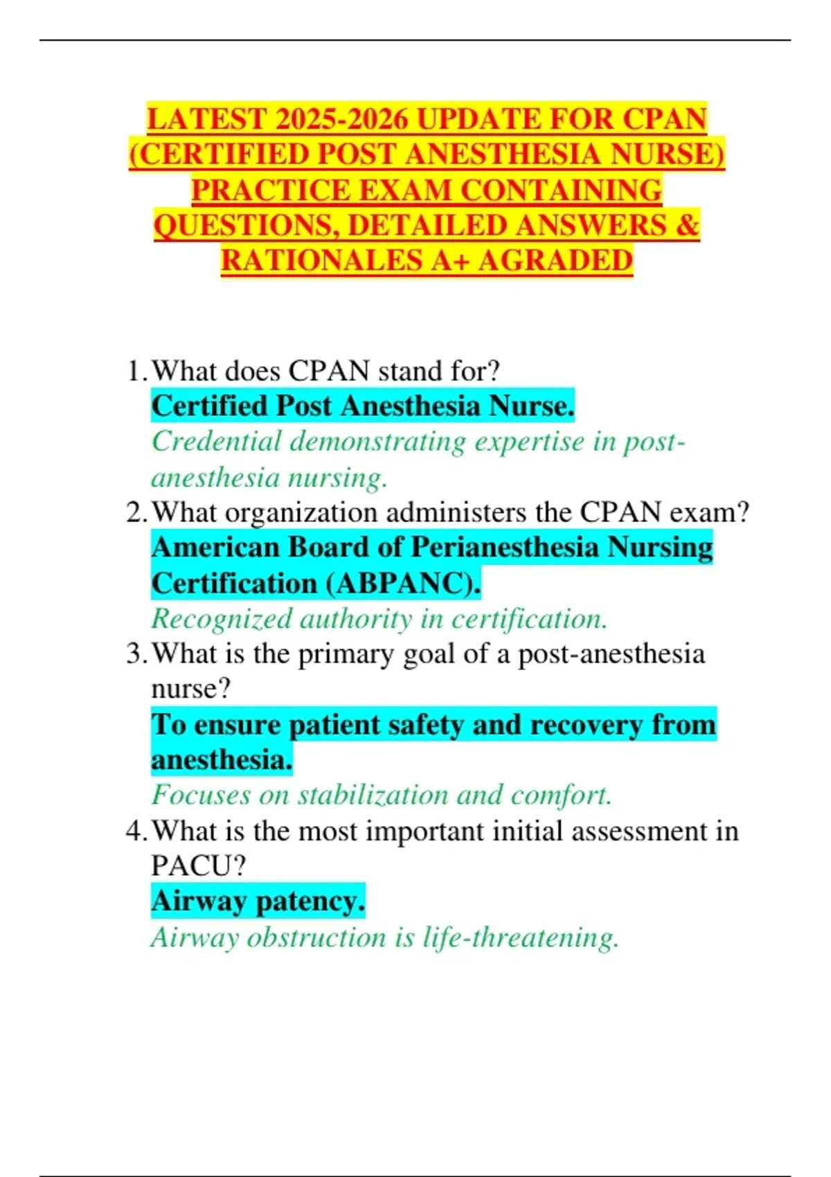 CPAN Certified Post Anesthesia Nurse Practice Exam 2025–2026 (Latest ...