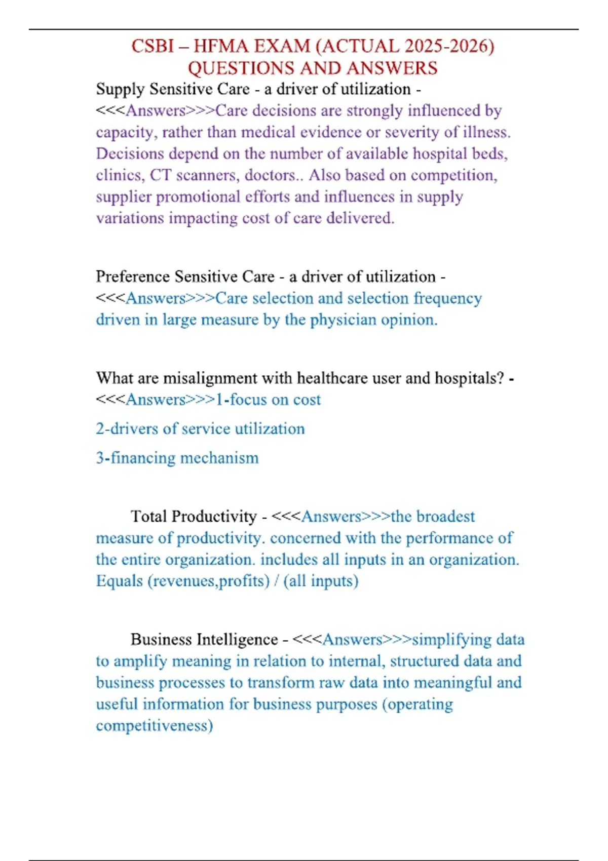 CSBI – HFMA EXAM (REAL ) QUESTIONS AND ANSWERS - CSBI - Stuvia US