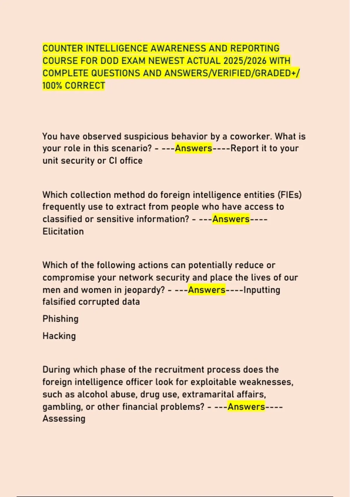 COUNTER INTELLIGENCE AWARENESS AND REPORTING COURSE FOR DOD EXAM NEWEST ...