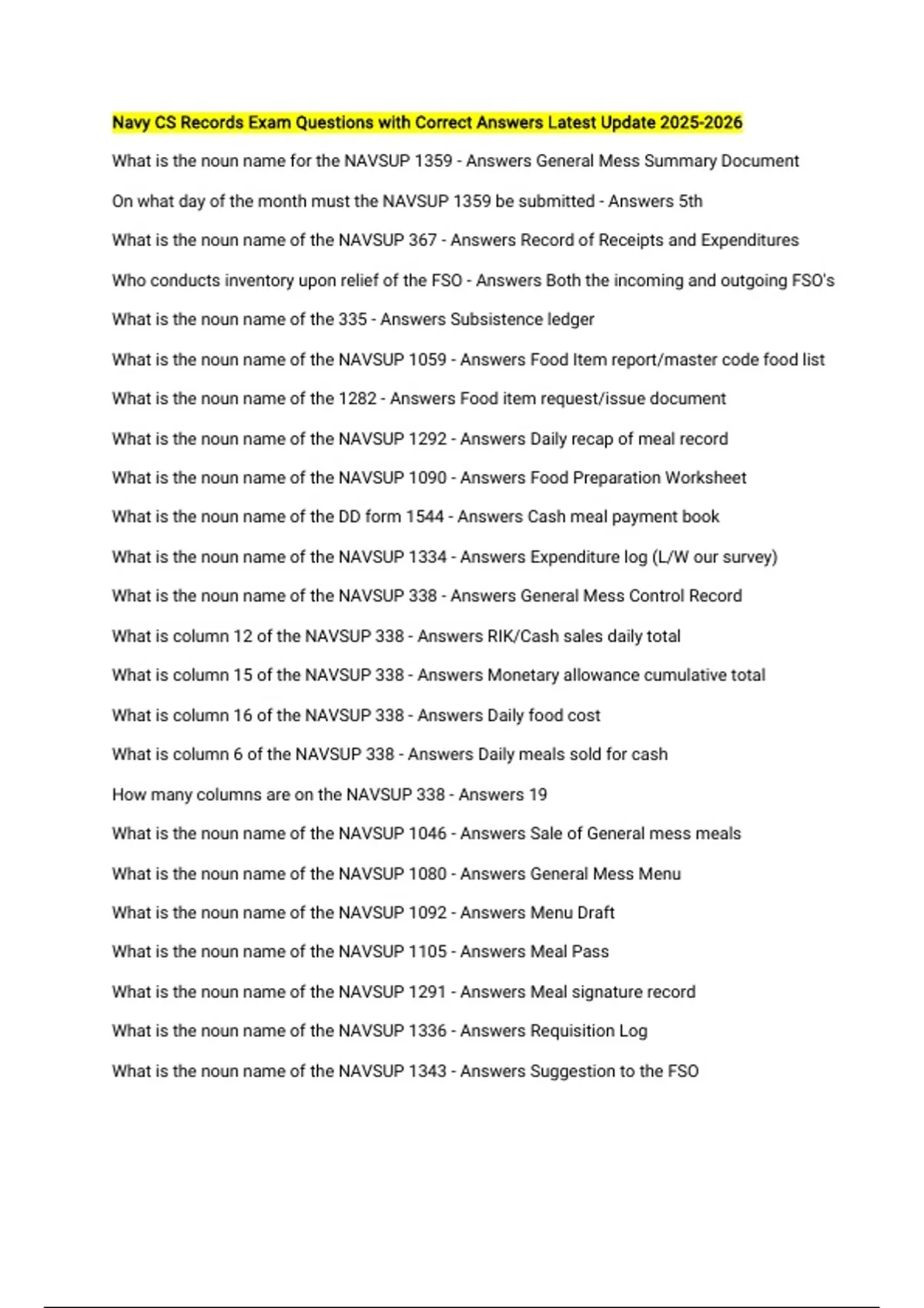 Navy CS Records Exam Questions with Correct Answers Latest Update ...