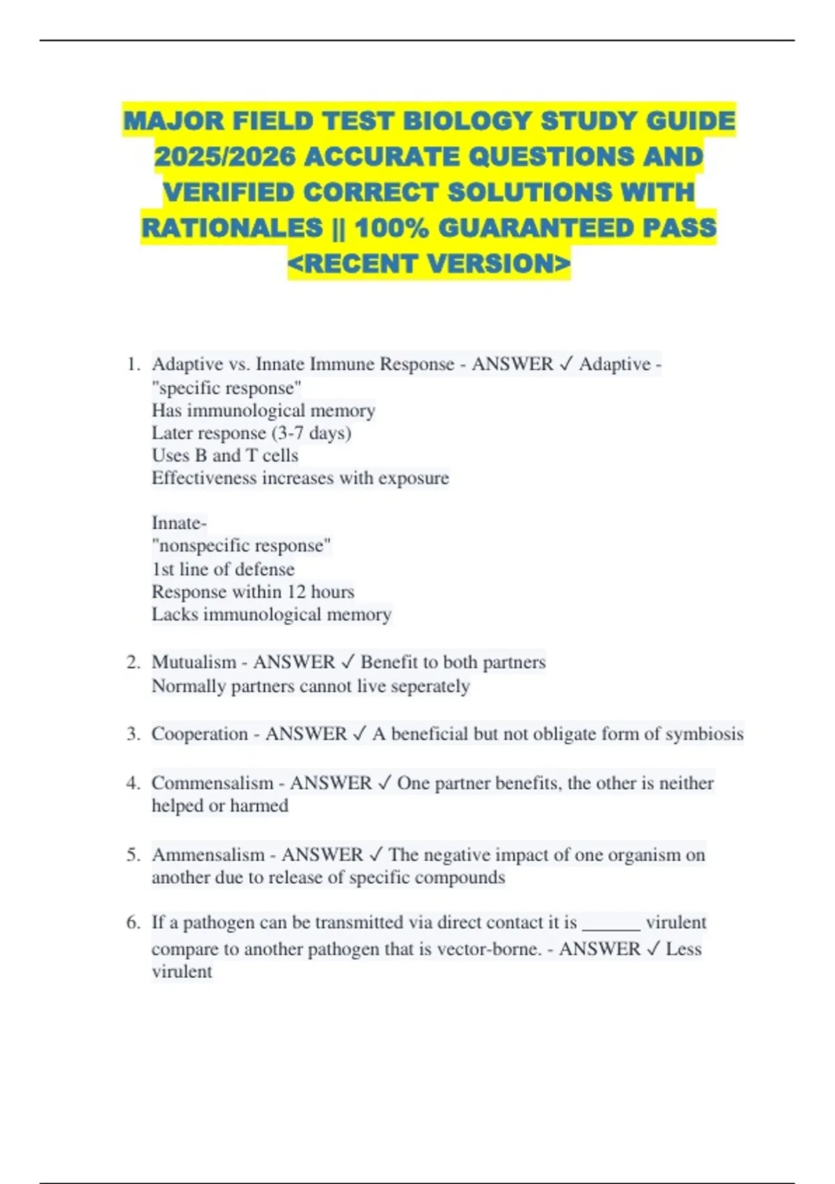 MAJOR FIELD TEST BIOLOGY STUDY GUIDE 2025/2026 ACCURATE QUESTIONS AND ...