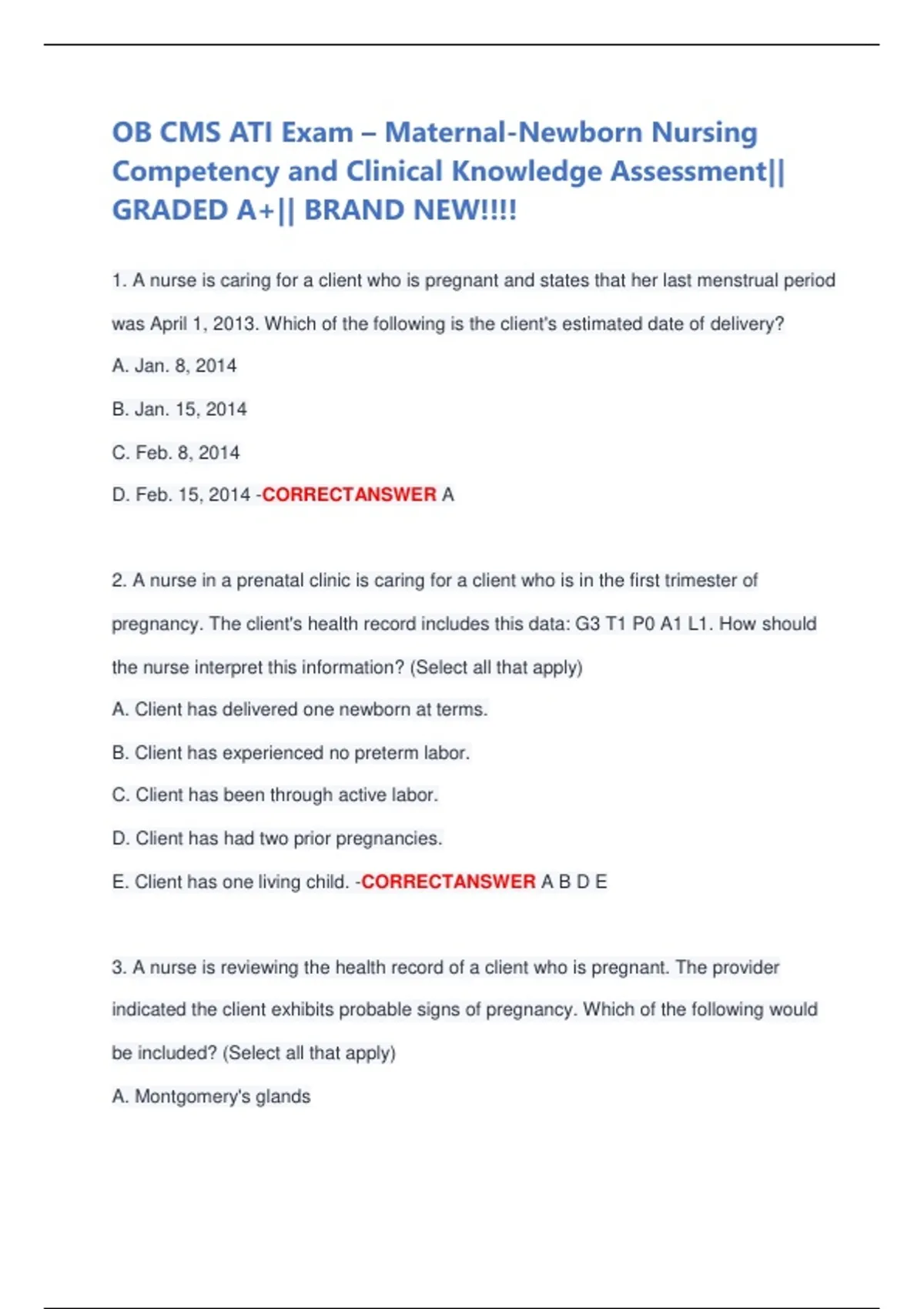 OB CMS ATI Exam – Maternal-Newborn Nursing Competency and Clinical ...