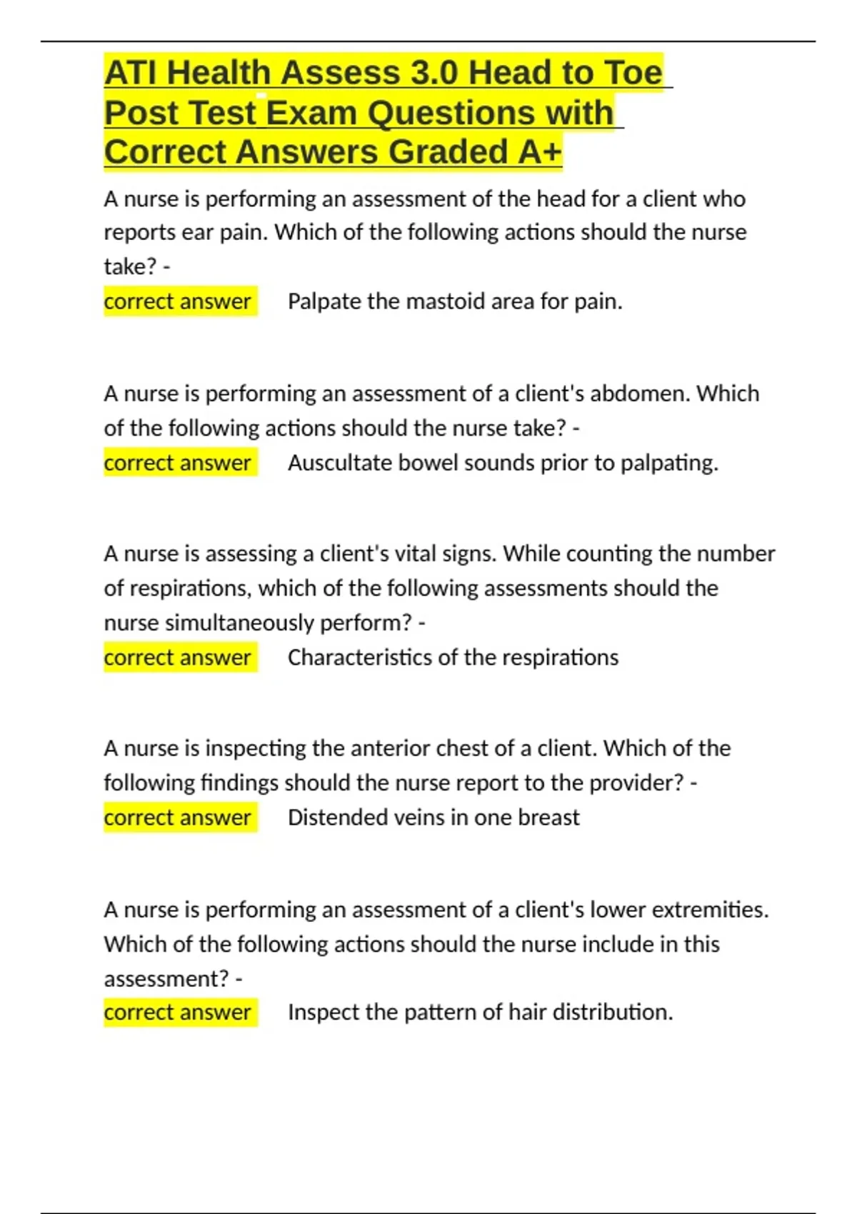 ATI Health Assess 3.0 Head to Toe Post Test Exam Questions with Correct ...