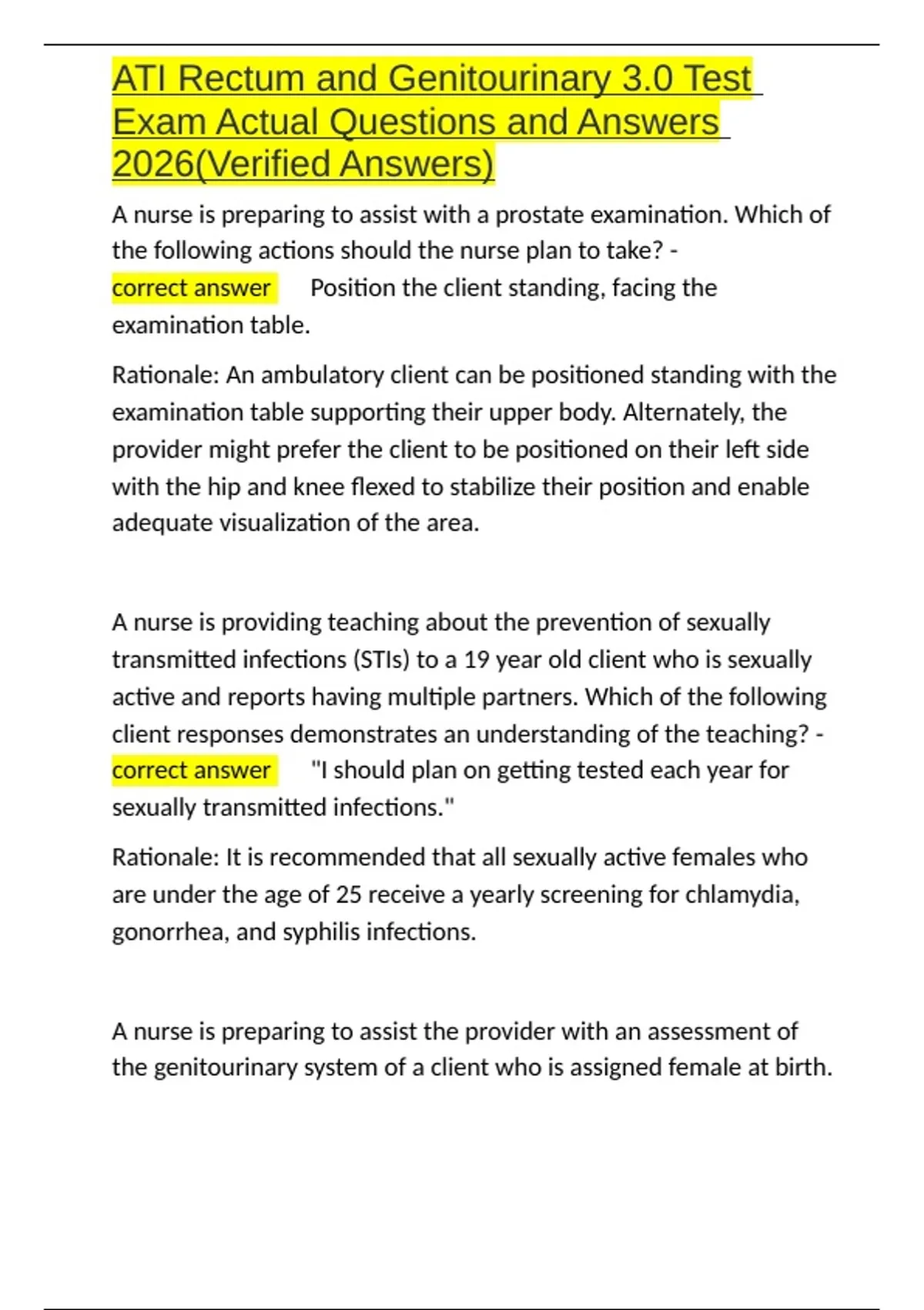 ATI Rectum and Genitourinary 3.0 Test Exam Actual Questions and Answers ...