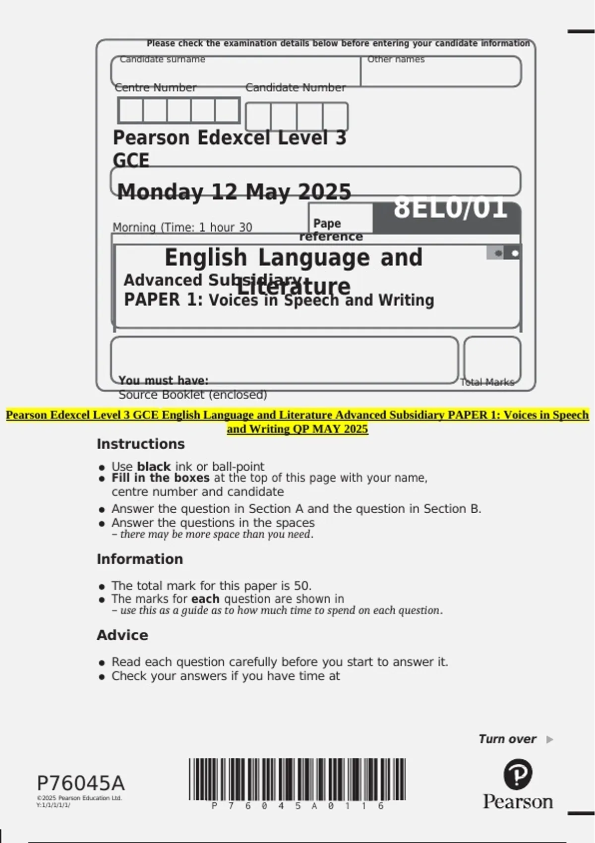 Pearson Edexcel Level 3 GCE English Language and Literature Advanced ...