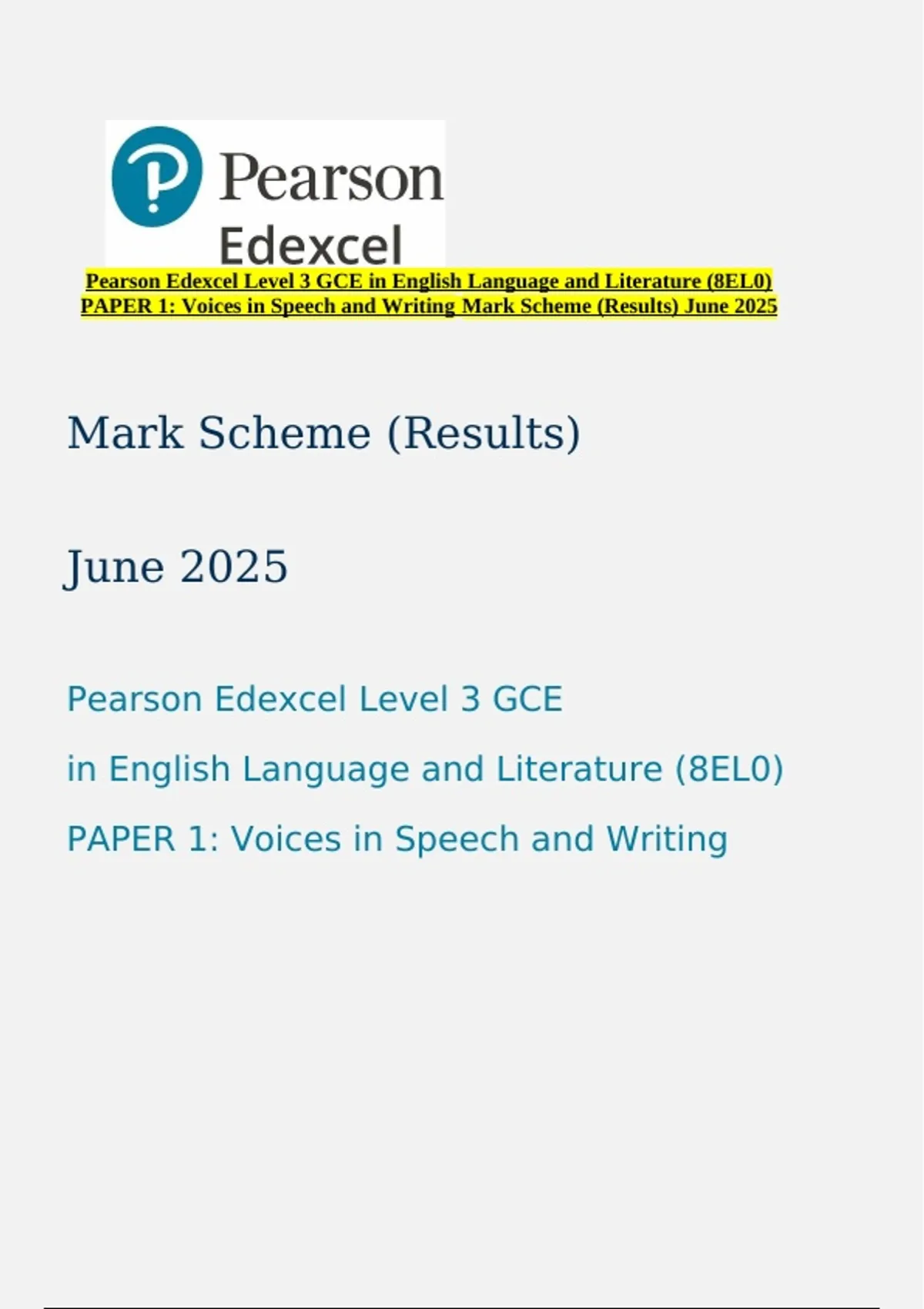 Pearson Edexcel Level 3 GCE in English Language and Literature (8EL0 ...