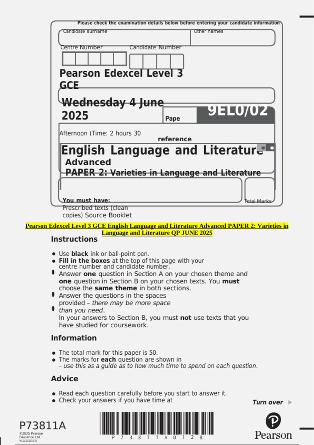 Pearson Edexcel Level 3 GCE English Language and Literature Advanced ...