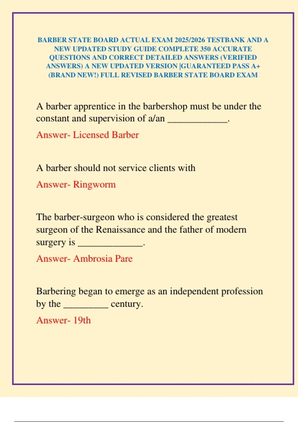 BARBER STATE BOARD ACTUAL EXAM 2025/2026 TESTBANK AND A NEW UPDATED ...