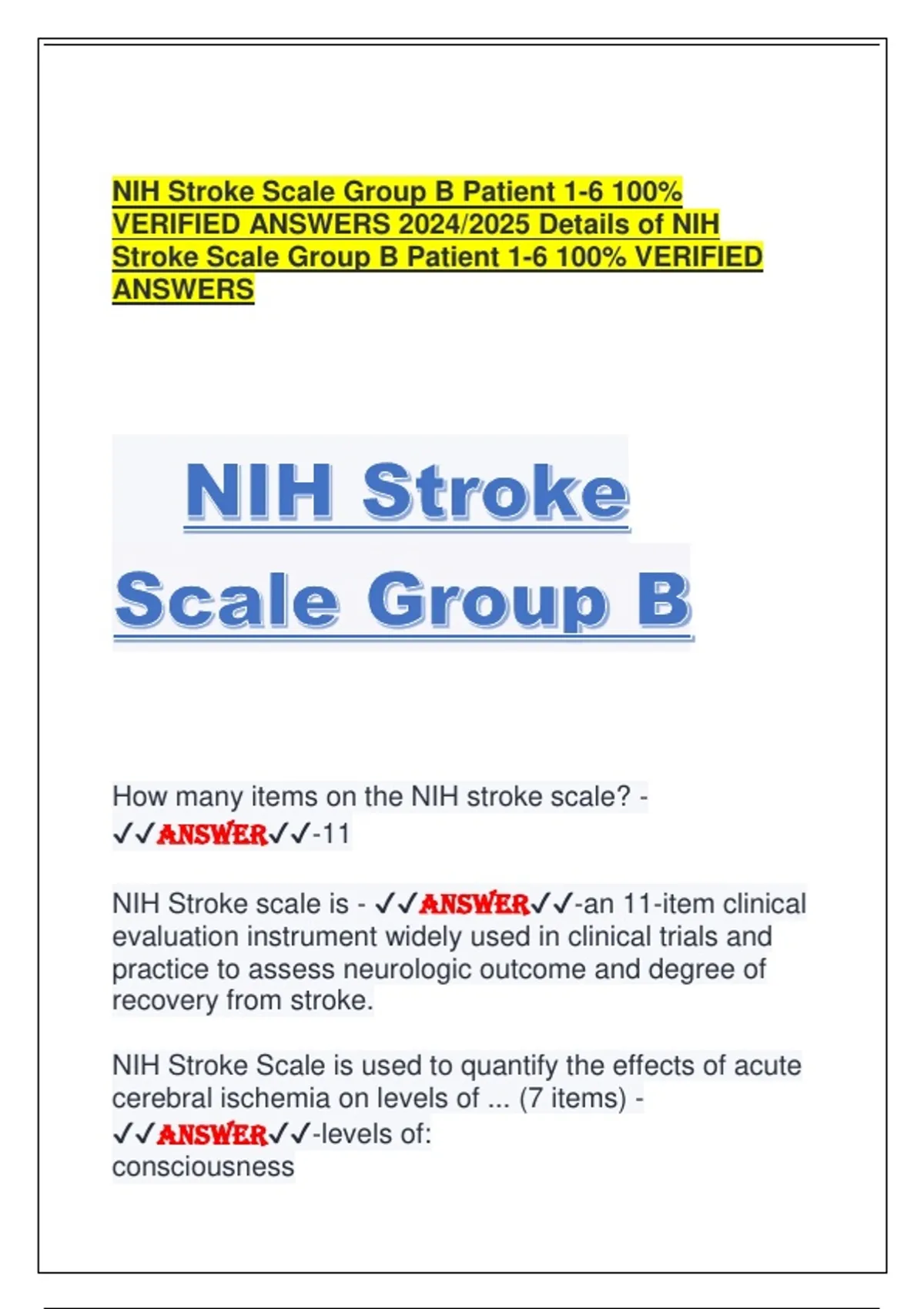 NIH Stroke Scale Group B Patient 1-6 100% VERIFIED ANSWERS 2024/2025 ...