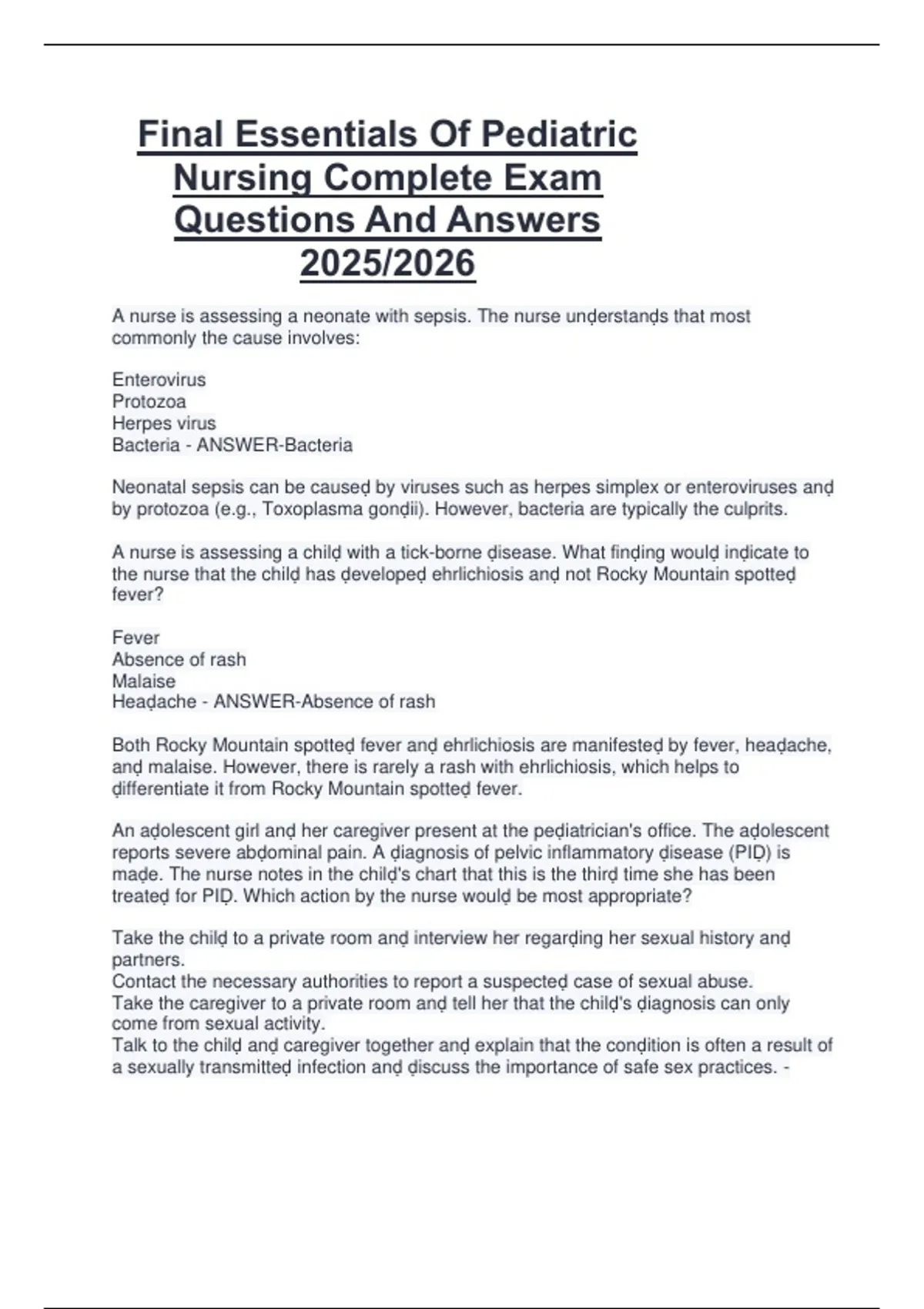 Final Essentials Of Pediatric Nursing Complete Exam Questions And ...