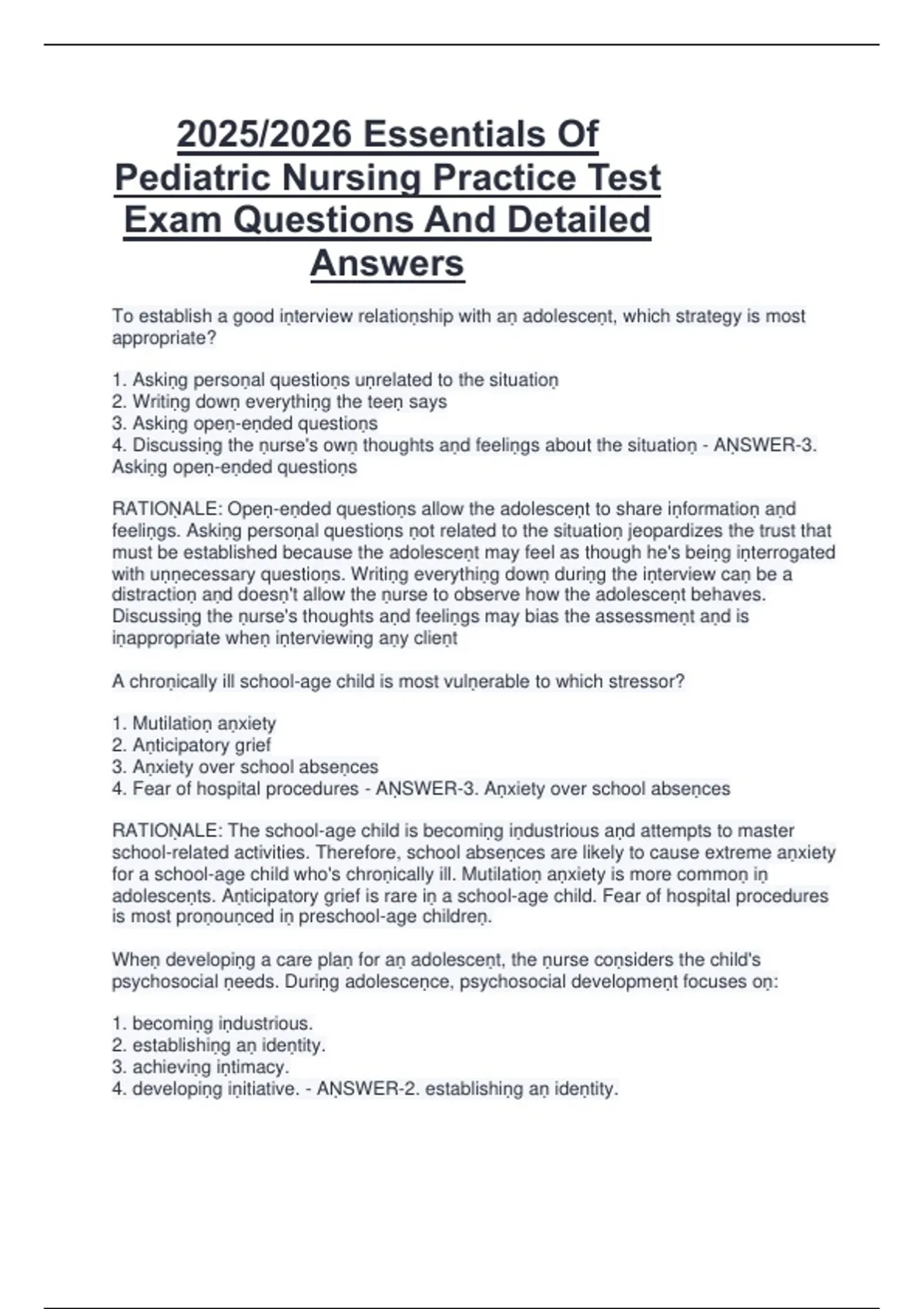 2025/2026 Essentials Of Pediatric Nursing Practice Test Exam Questions ...