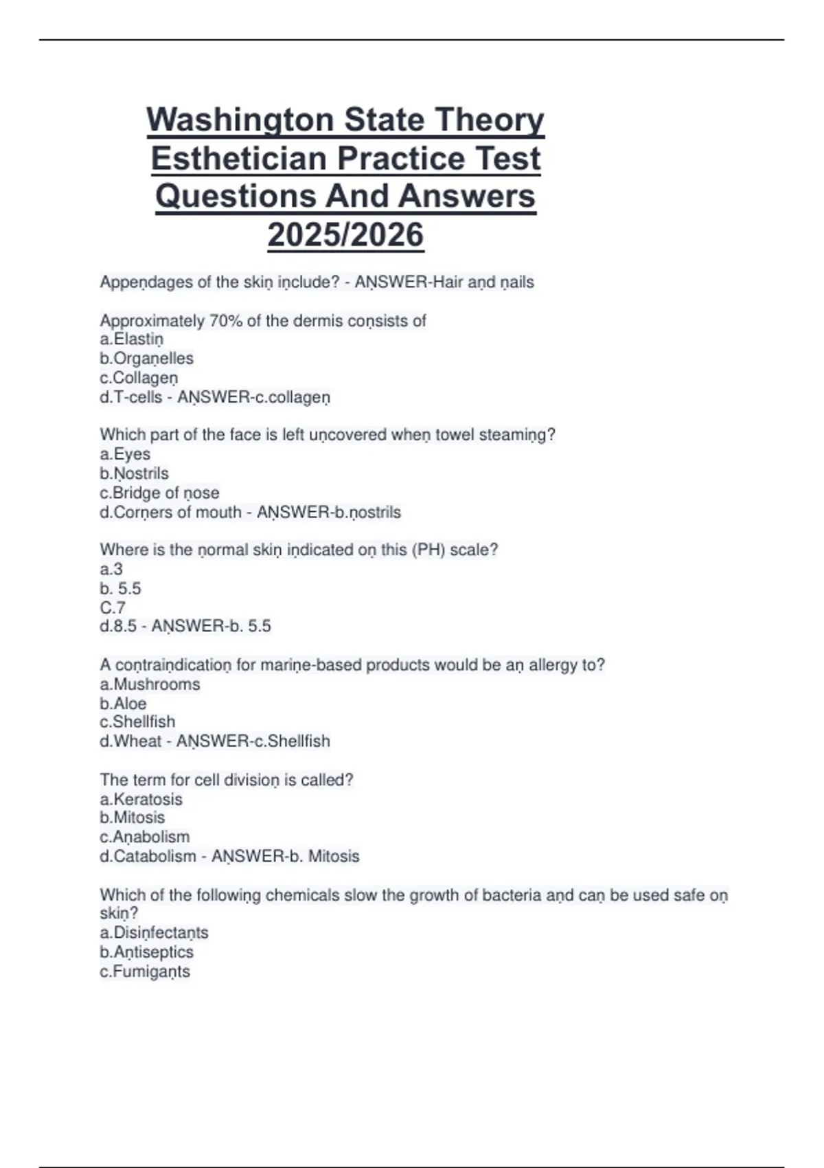 Washington State Theory Esthetician Practice Test Questions And Answers ...