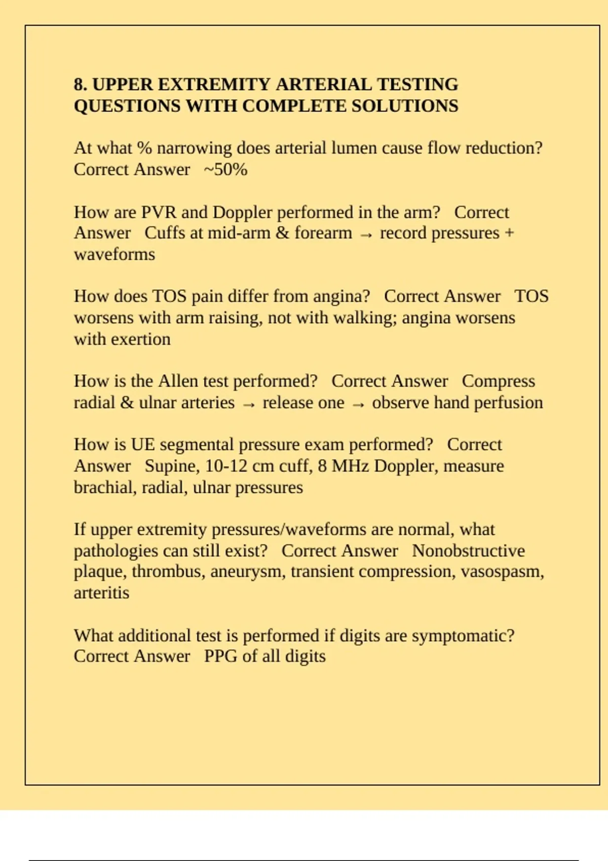 8. UPPER EXTREMITY ARTERIAL TESTING QUESTIONS WITH COMPLETE SOLUTIONS ...