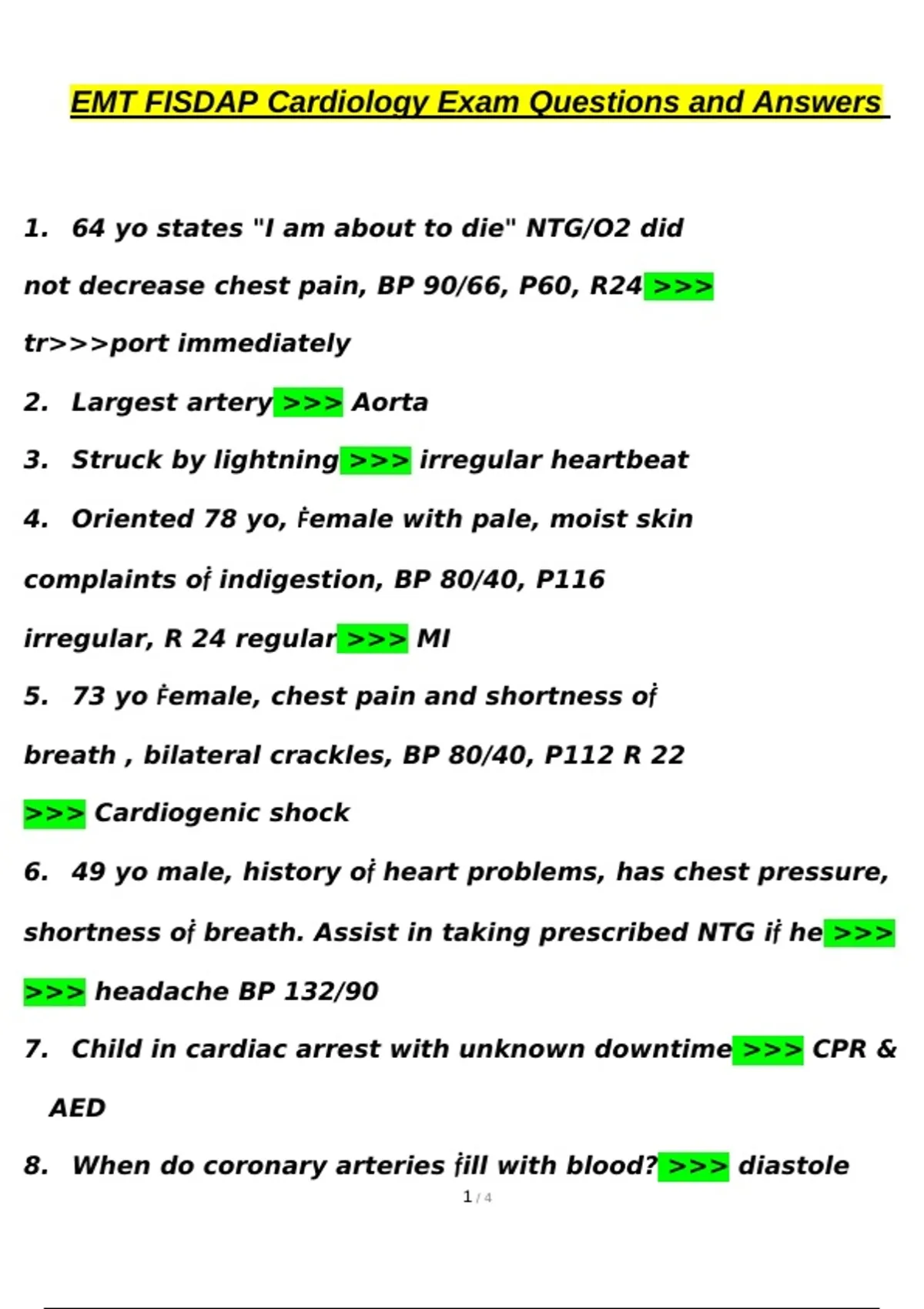 EMT FISDAP Cardiology Exam Questions and Answers (2025 Verified Study Guide) - EMT Cardiology ...