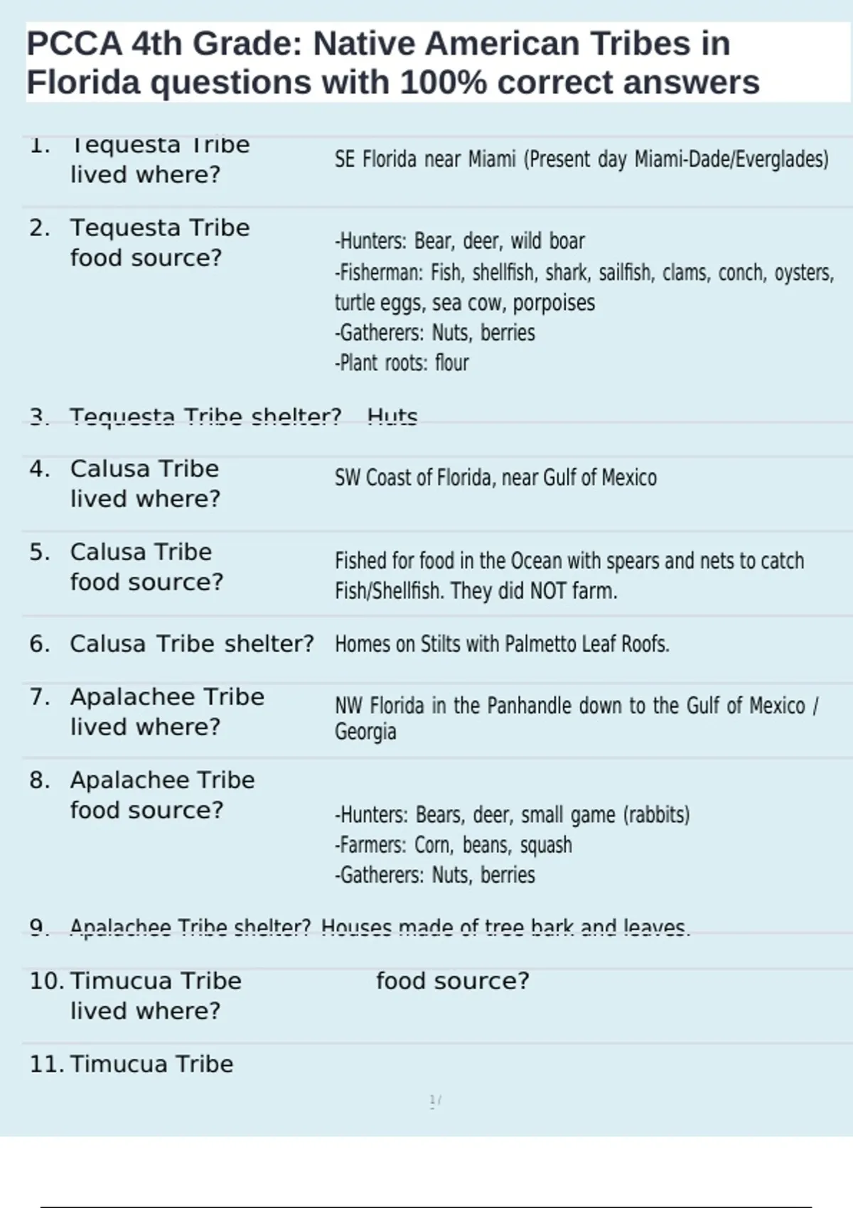 PCCA 4th Grade: Native American Tribes in Florida questions with 100% ...