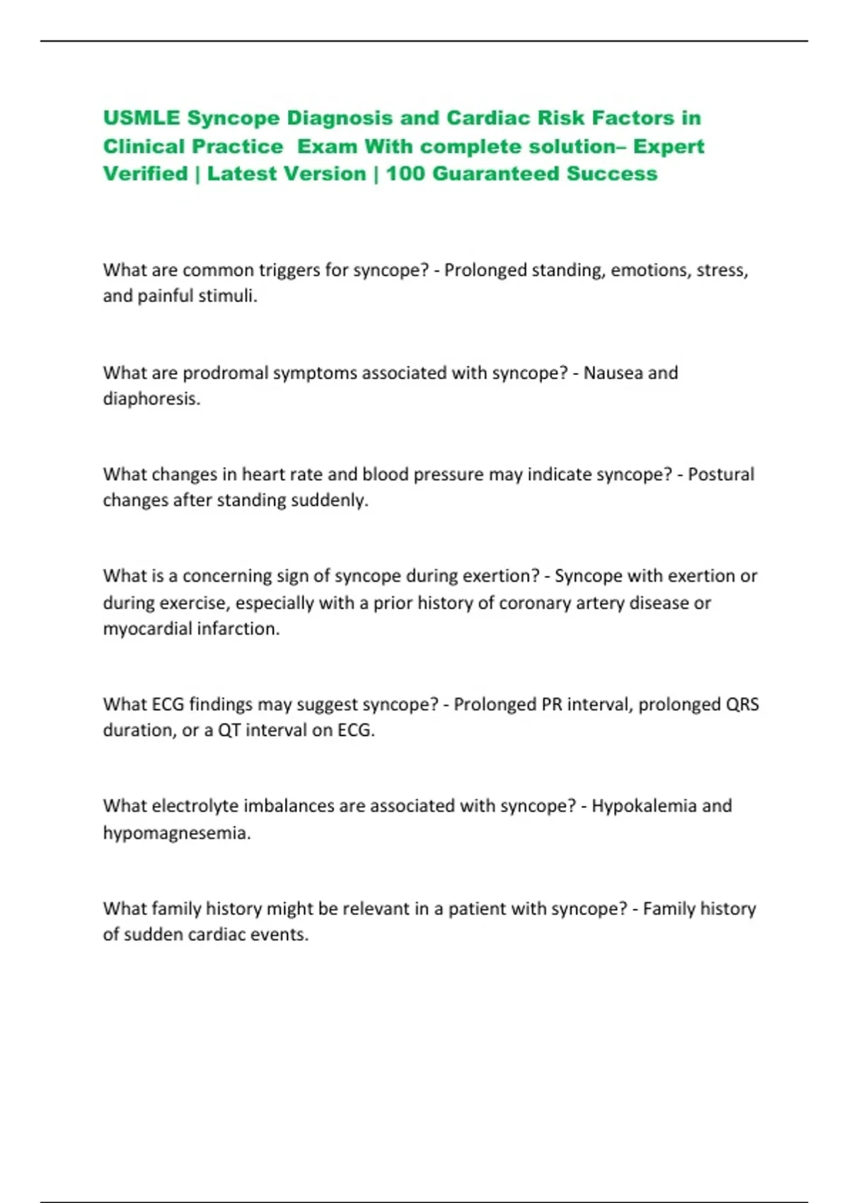 USMLE Syncope Diagnosis and Cardiac Risk Factors in Clinical Practice ...