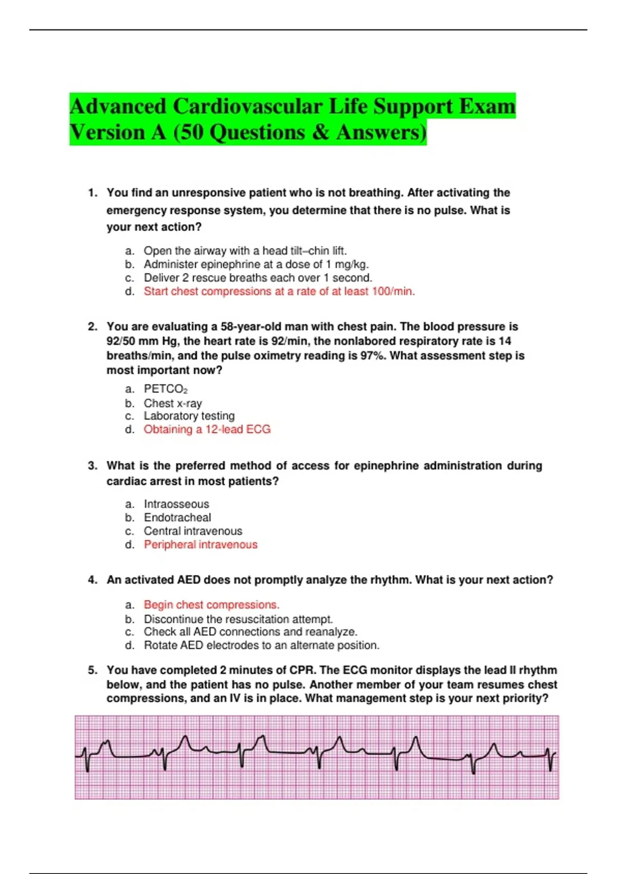 Advanced Cardiovascular Life Support (ACLS) Exam Version A & B – 50 ...