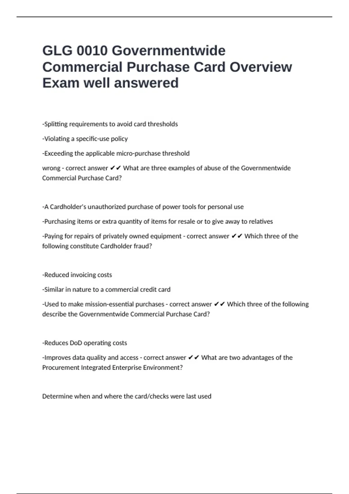 GLG 0010 Governmentwide Commercial Purchase Card Overview Exam well ...